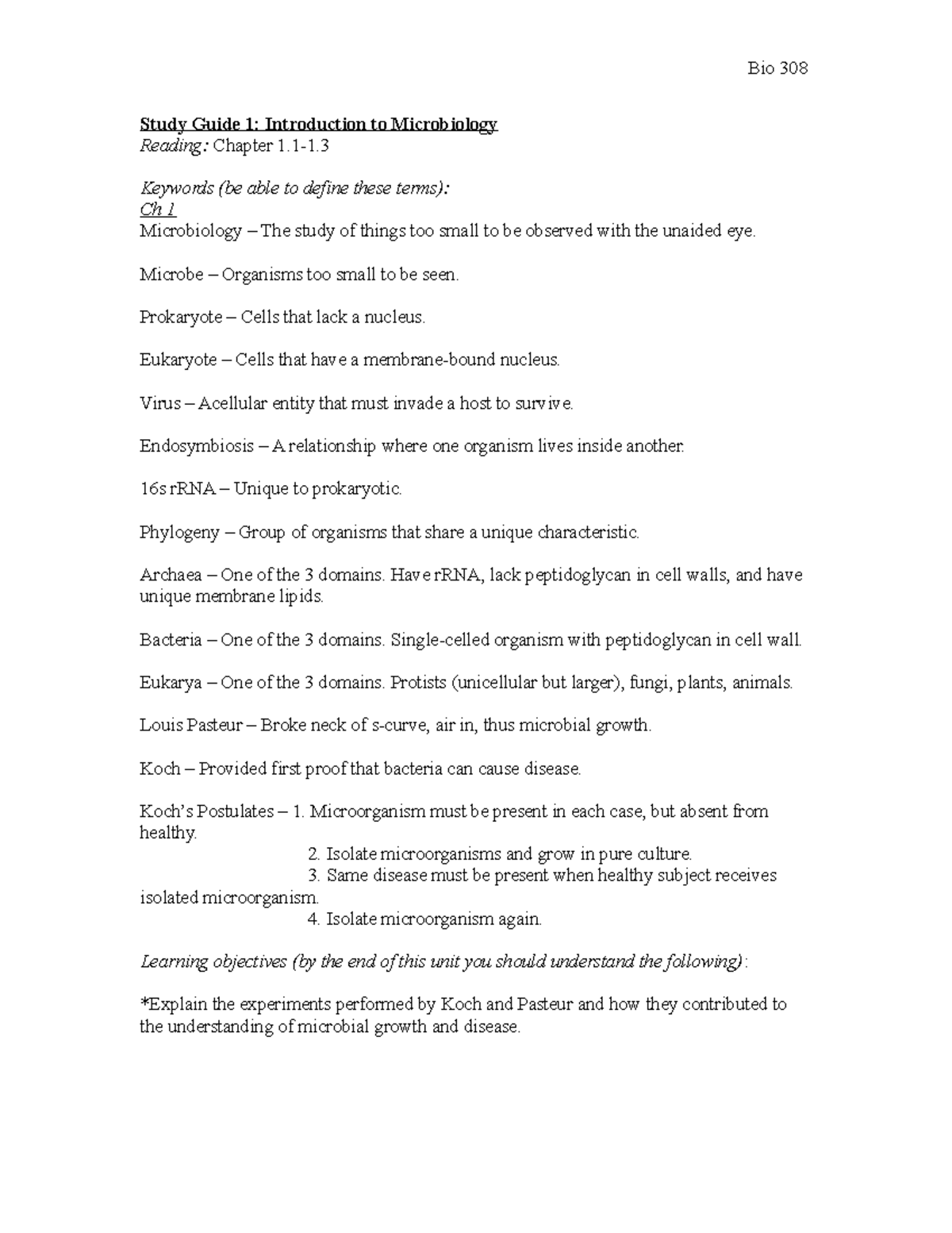 308-study guide 1-Introduction to Microbiology - Study Guide 1 ...