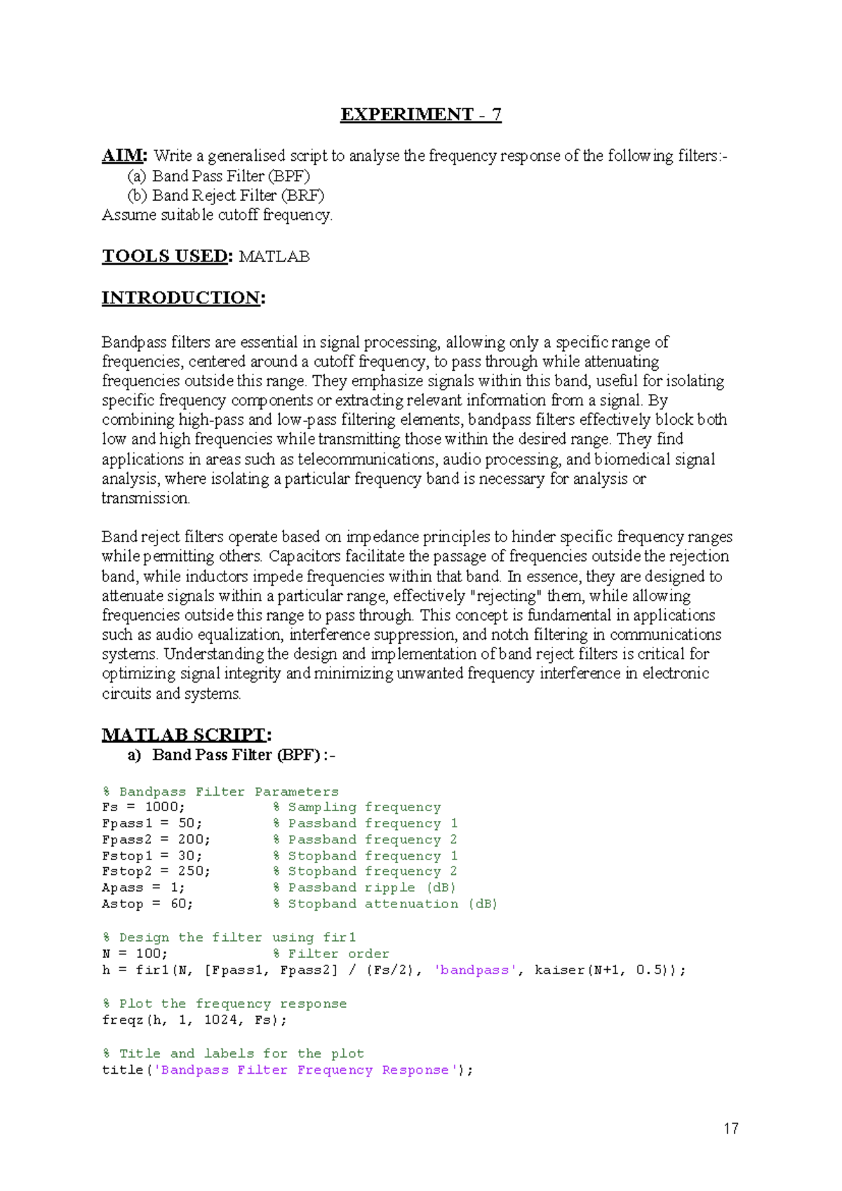 Experiment - 7 - Passive filters frequency response - EXPERIMENT - 7 ...
