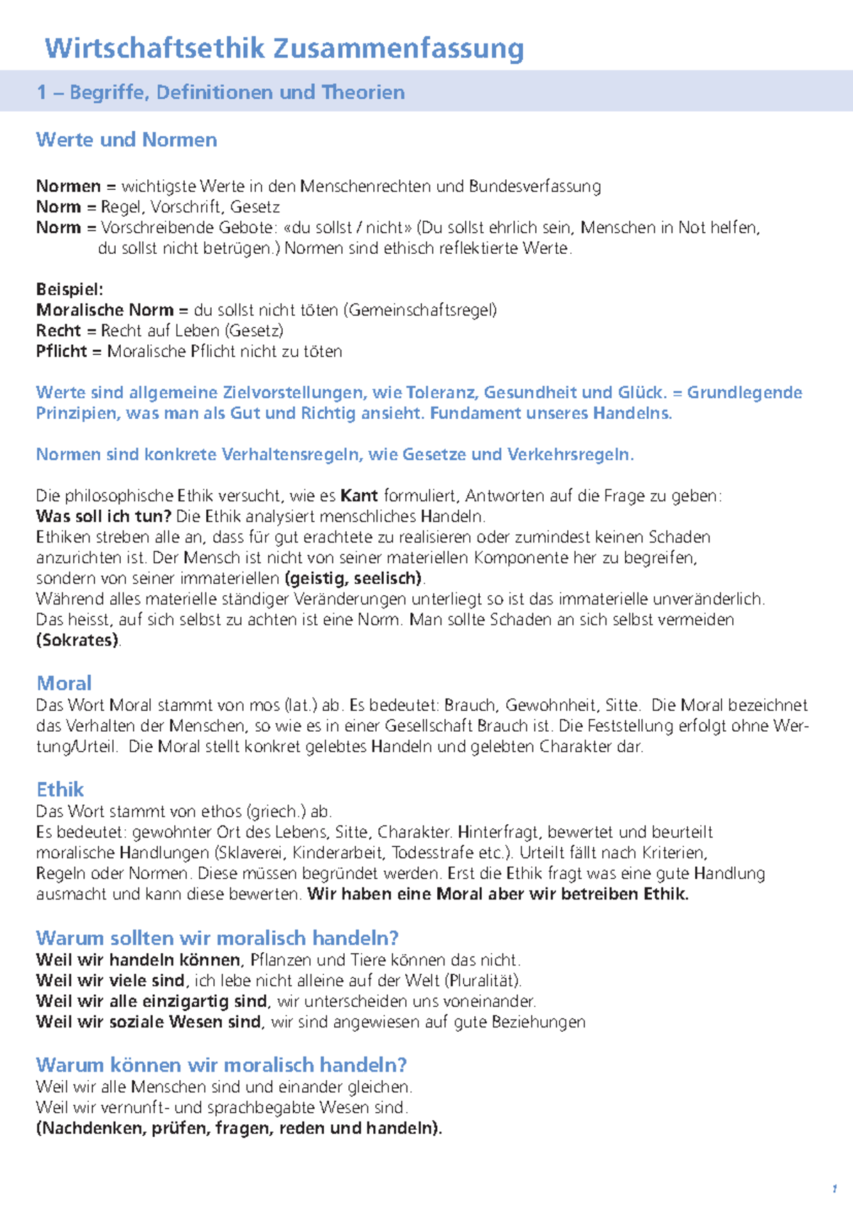 Ethik Zusammenfassung - Wirtschaftsethik Zusammenfassung 1 – Begriffe ...