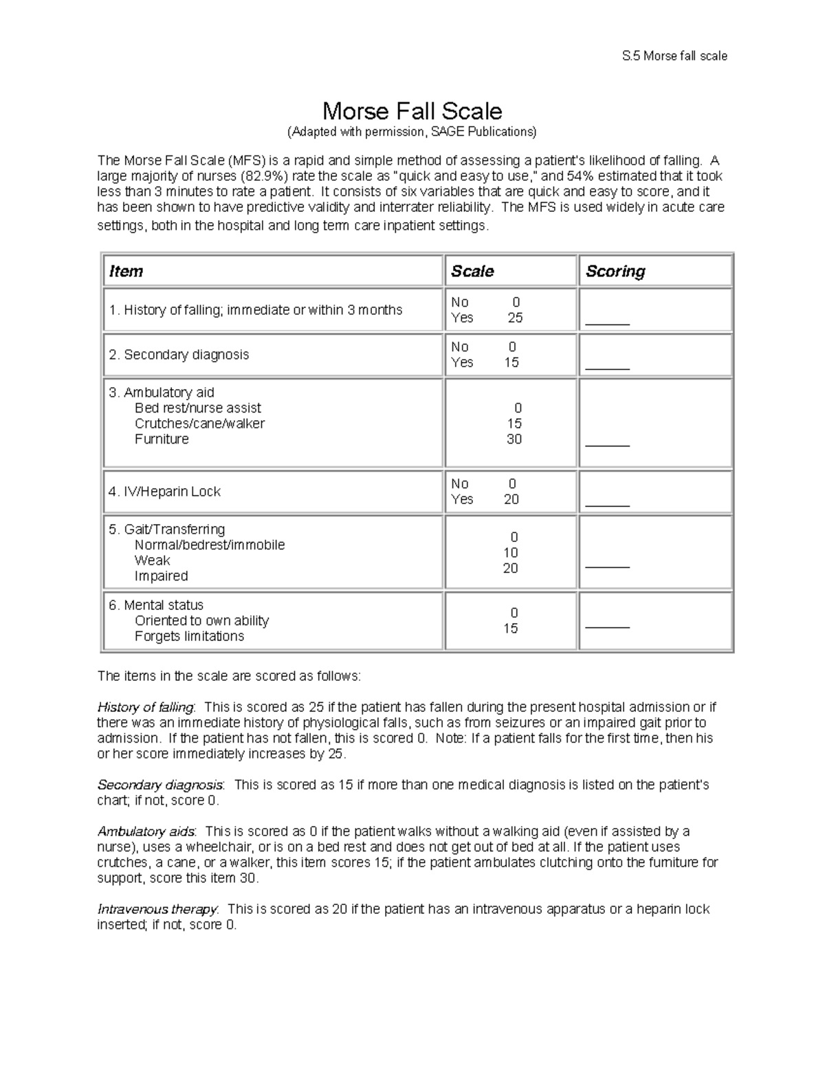 Morse Fall Scale - Answeres - S Morse fall scale Morse Fall Scale ...
