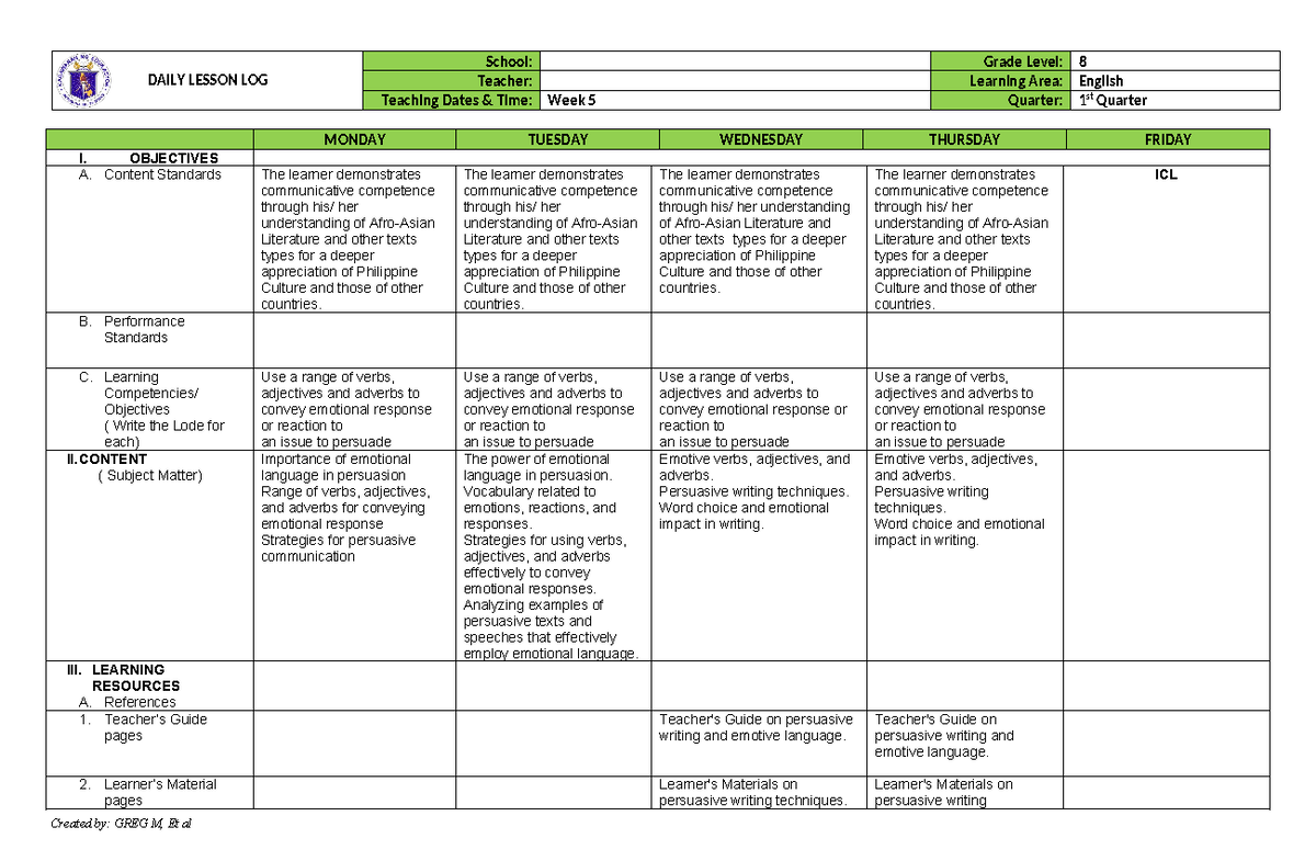 Final Performance IN English 8 Rubrics - DAILY LESSON LOG School: Grade ...