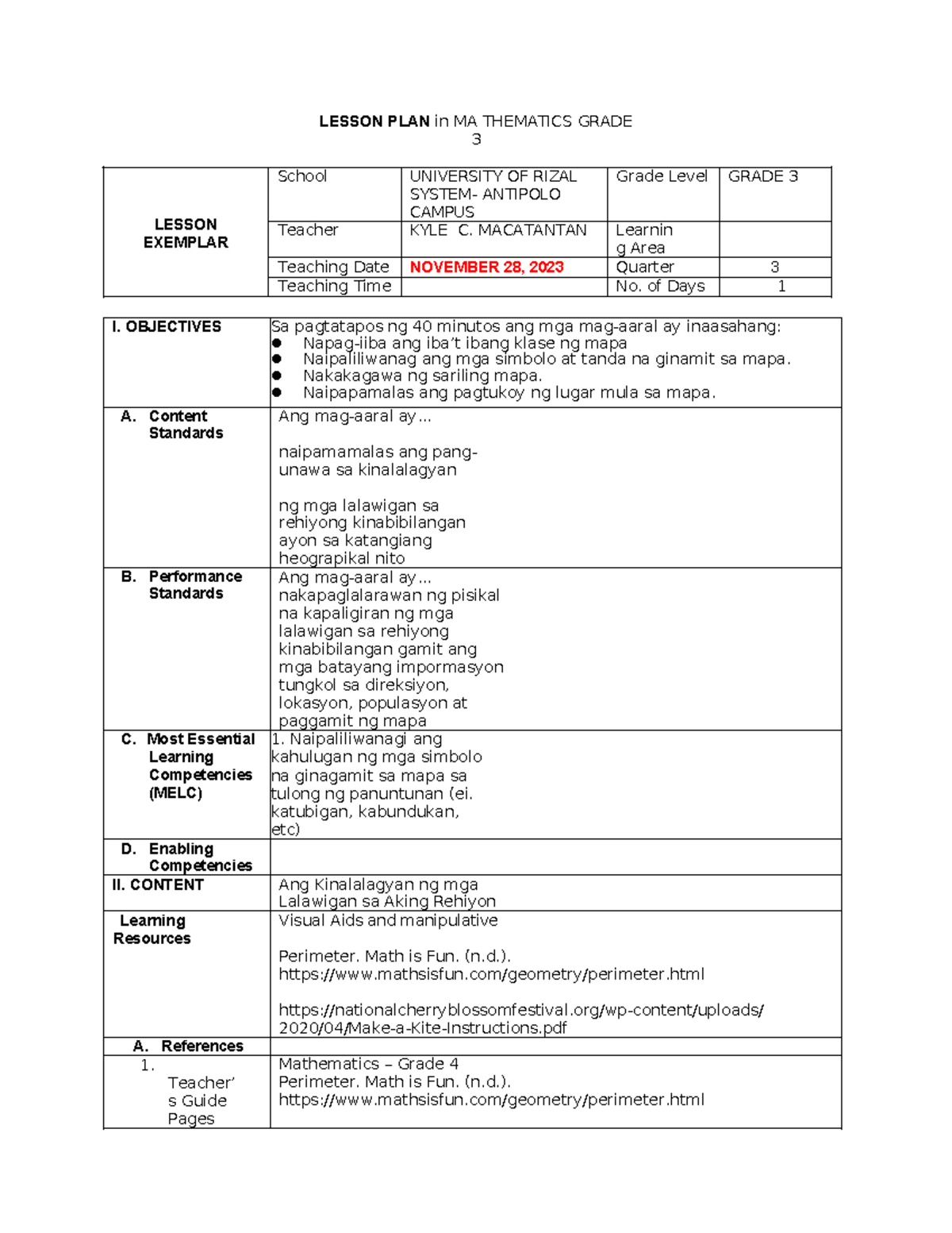 Lesson PLAN ssce, mapa - LESSON PLAN in MA THEMATICS GRADE 3 LESSON ...
