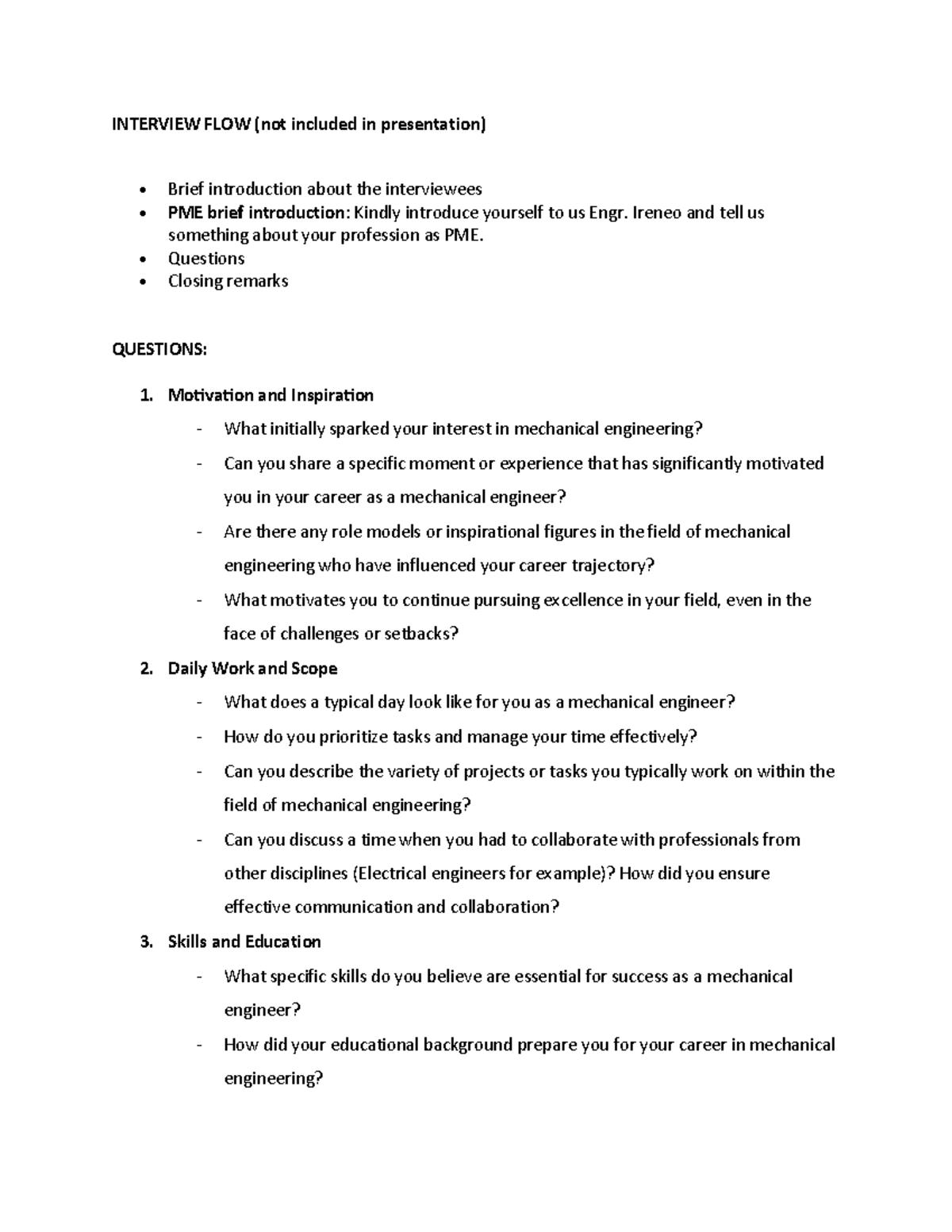 Interview FLOW AND Questions - INTERVIEW FLOW (not included in ...