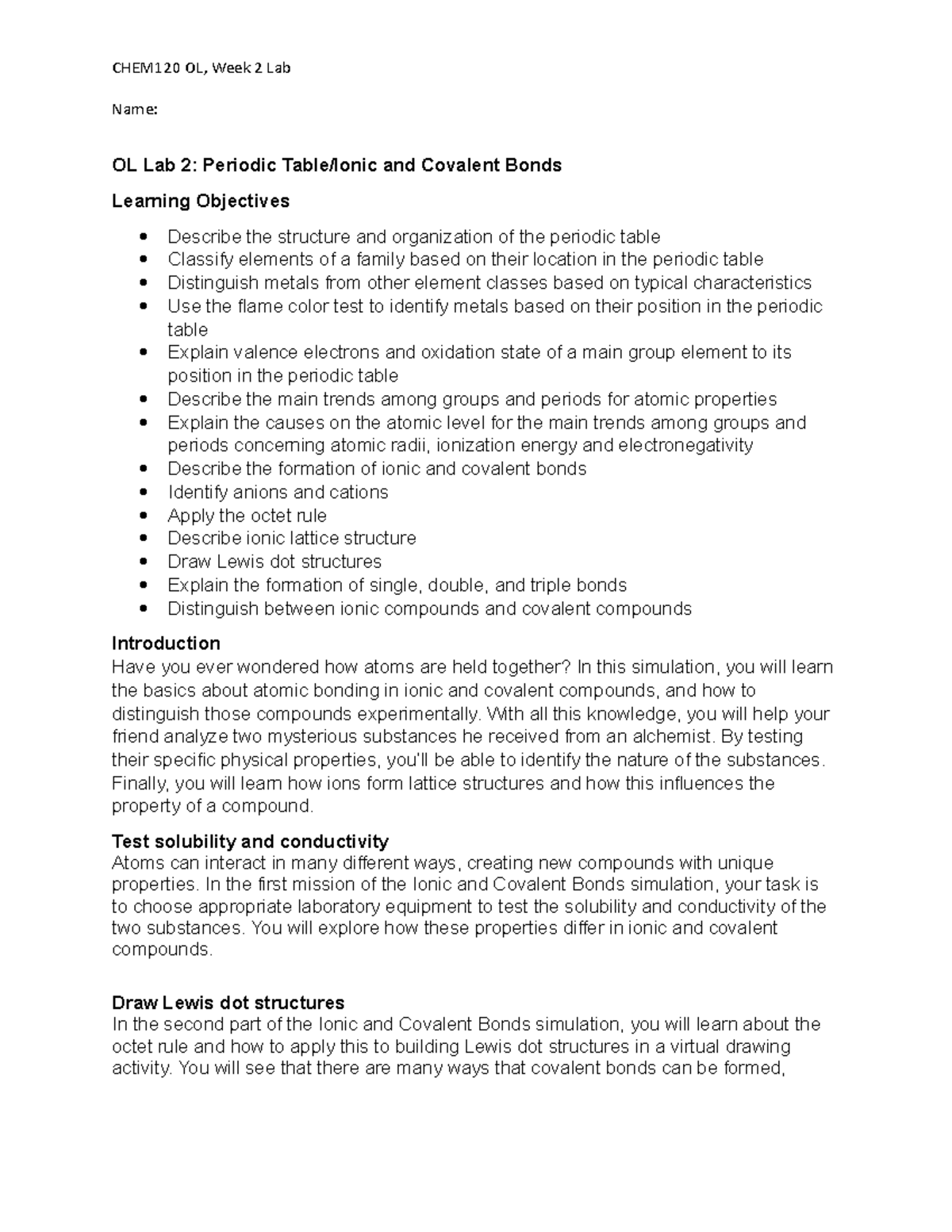 Week 2 Lab Report - Name: OL Lab 2: Periodic Table/Ionic and Covalent ...