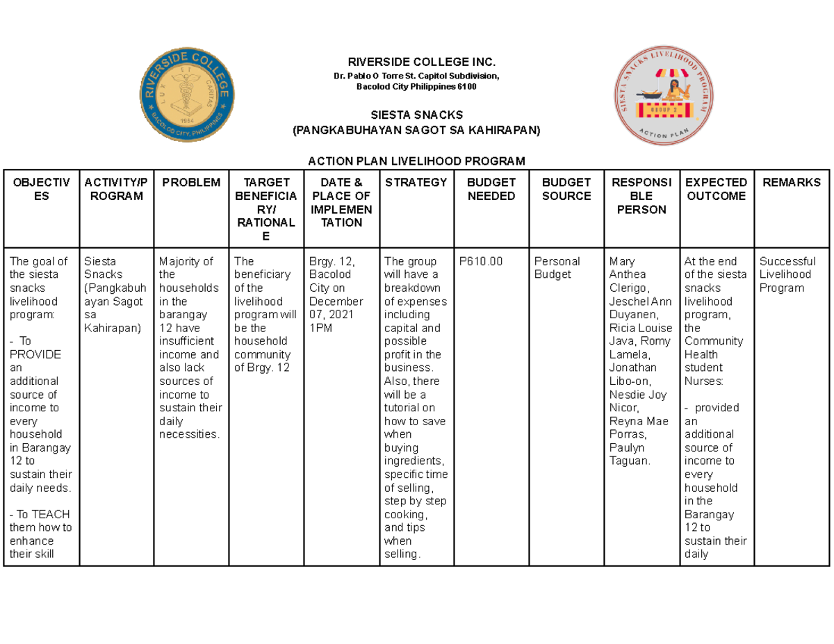 Action PLAN Livelihood Program G2 - RIVERSIDE COLLEGE INC. Dr. Pablo O ...