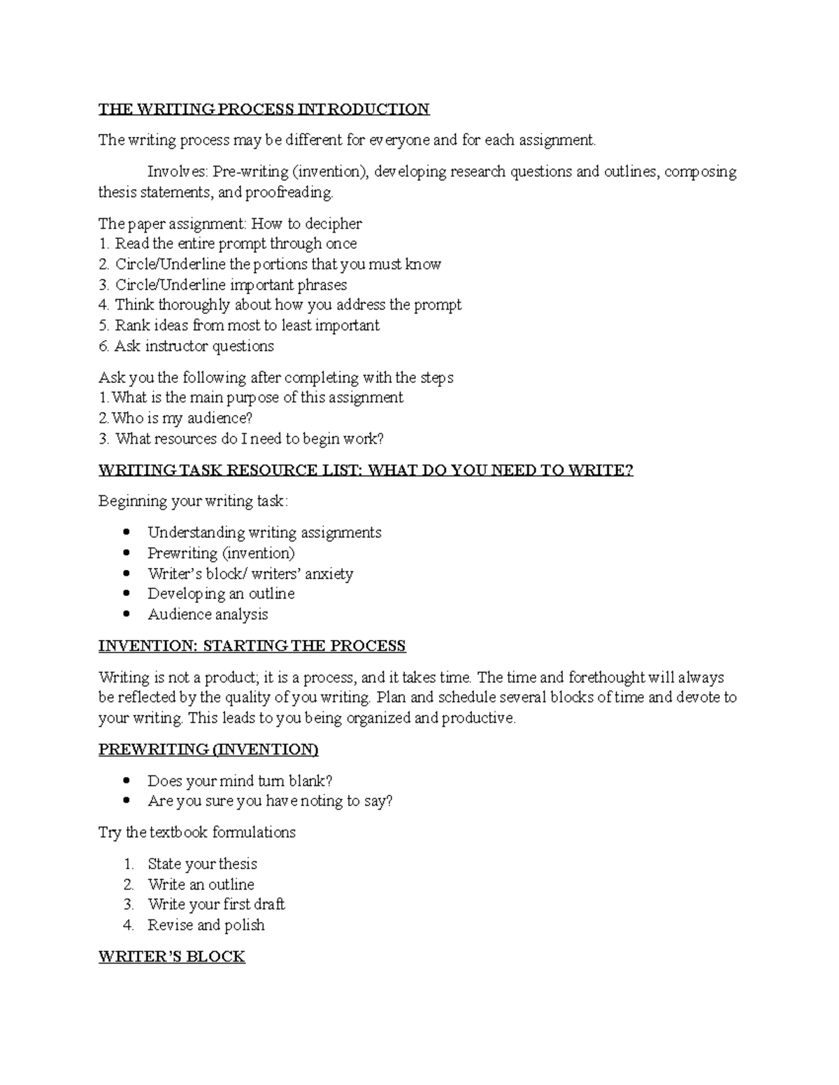 ENGL1302-Writing Process Reading Assignment - THE WRITING PROCESS ...