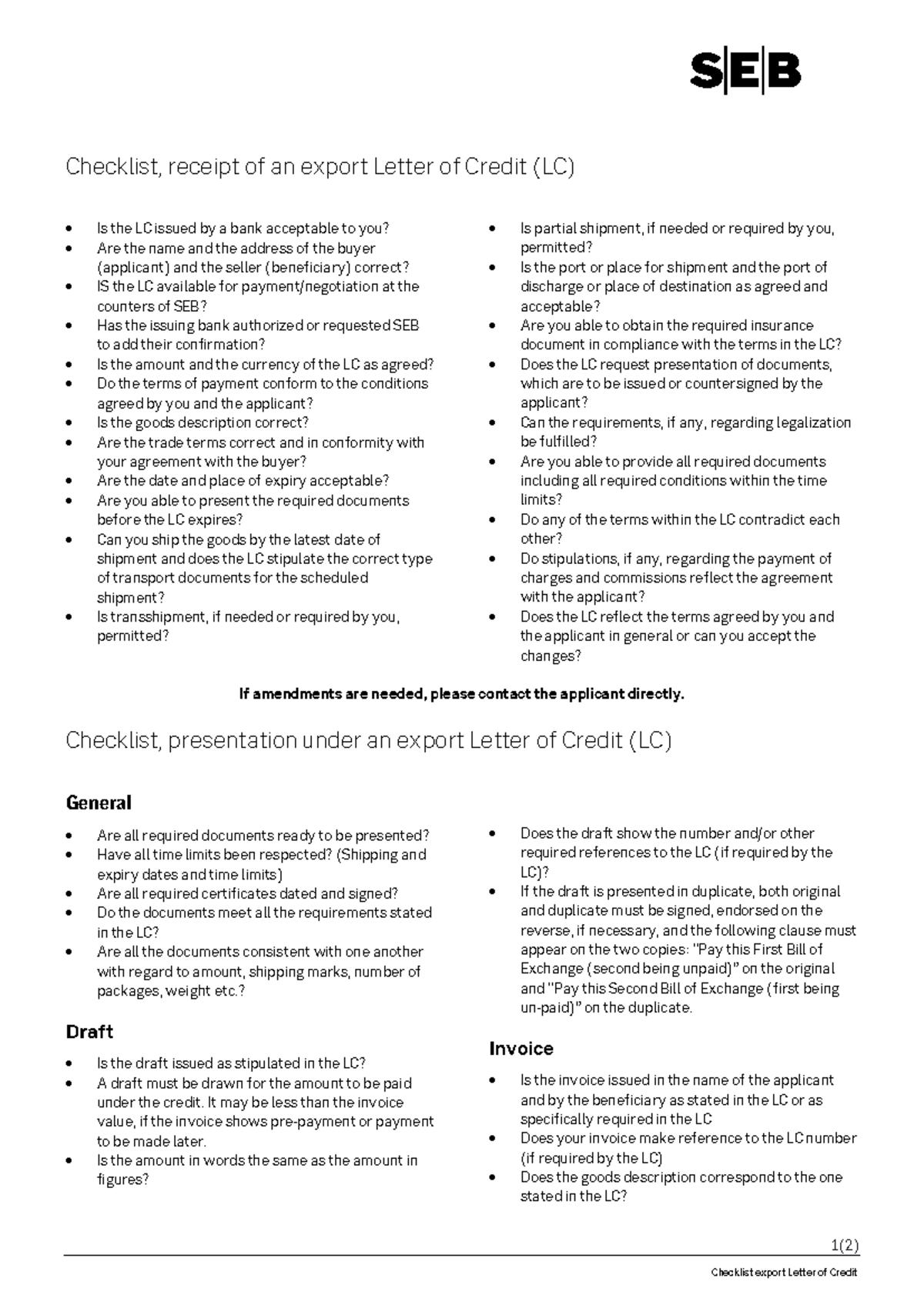 Checklist Export Letter of Credit - Checklist export Letter of Credit 1 ...