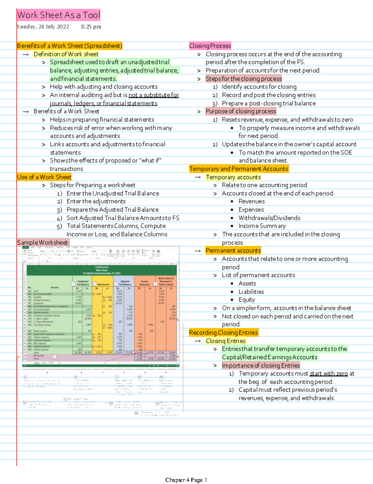 Chapter 4 - Benefits of a Work Sheet (Spreadsheet) Definition of Work ...