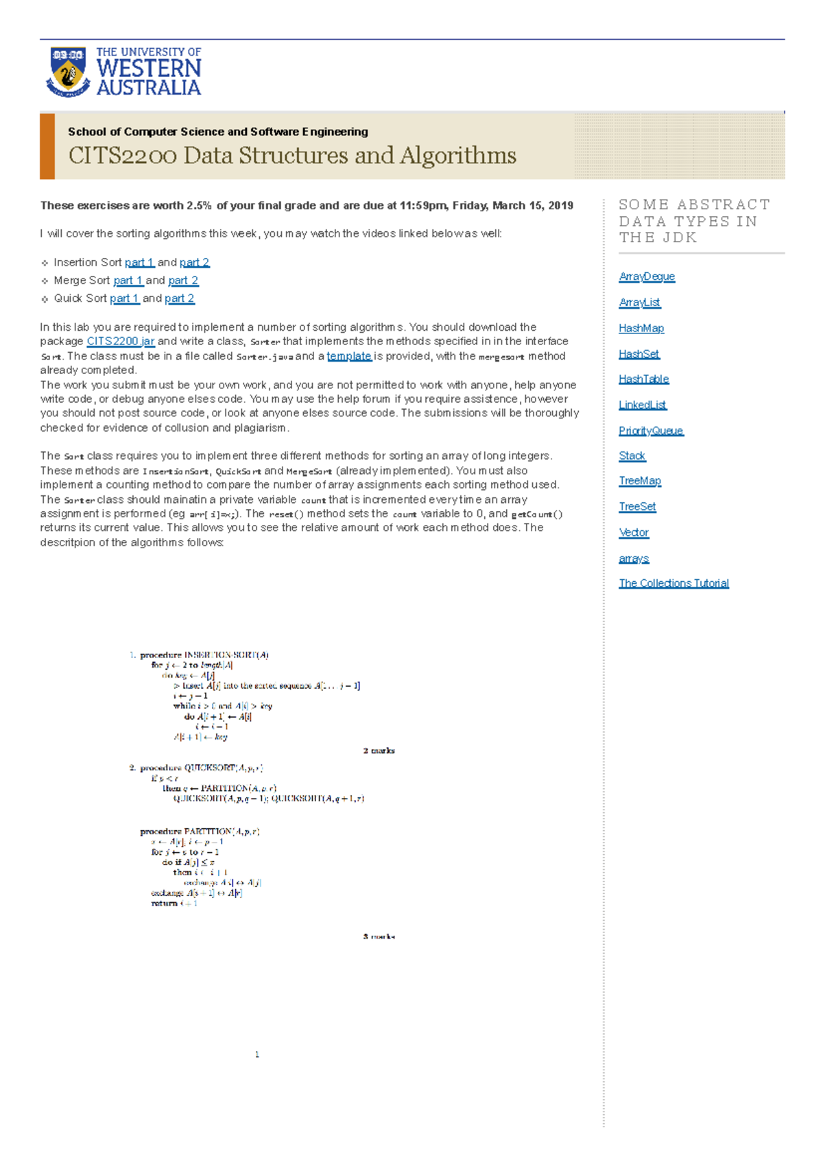 Lab1 School Of Computer Science And Software Engineering Cits2200 Data Structures And 1498