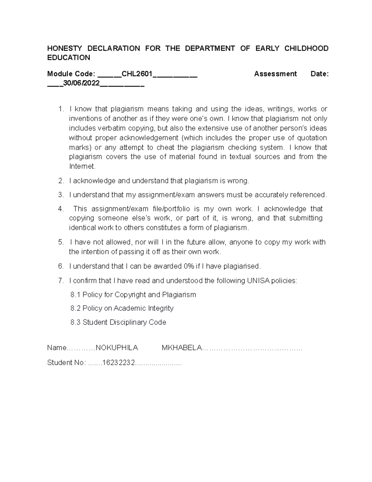 Chl declaration form - HONESTY DECLARATION FOR THE DEPARTMENT OF EARLY ...