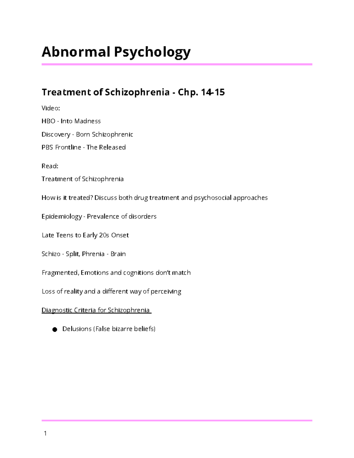 Schizophrenia Etiology - Abnormal Psychology Treatment of Schizophrenia ...