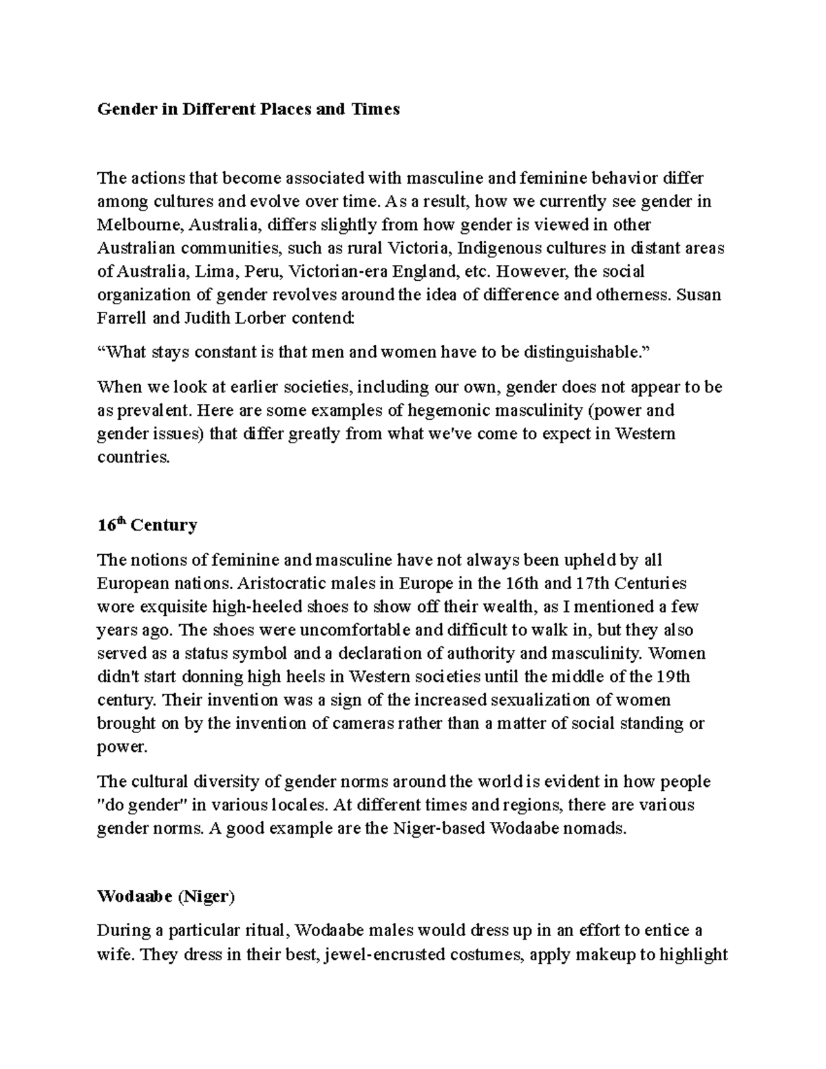 Gender Across Time and Place - Gender in Different Places and Times The ...