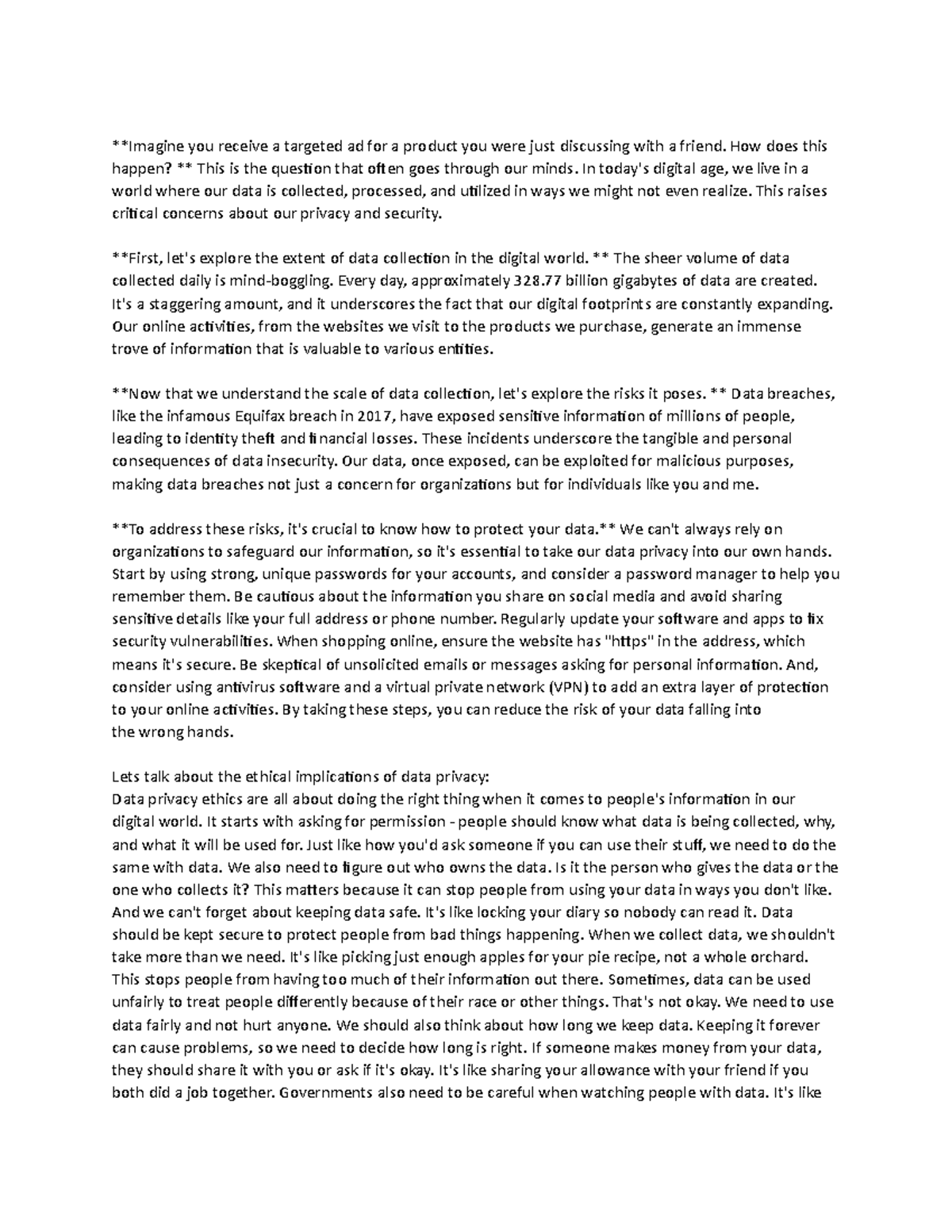 Speech Document - **Imagine you receive a targeted ad for a product you ...