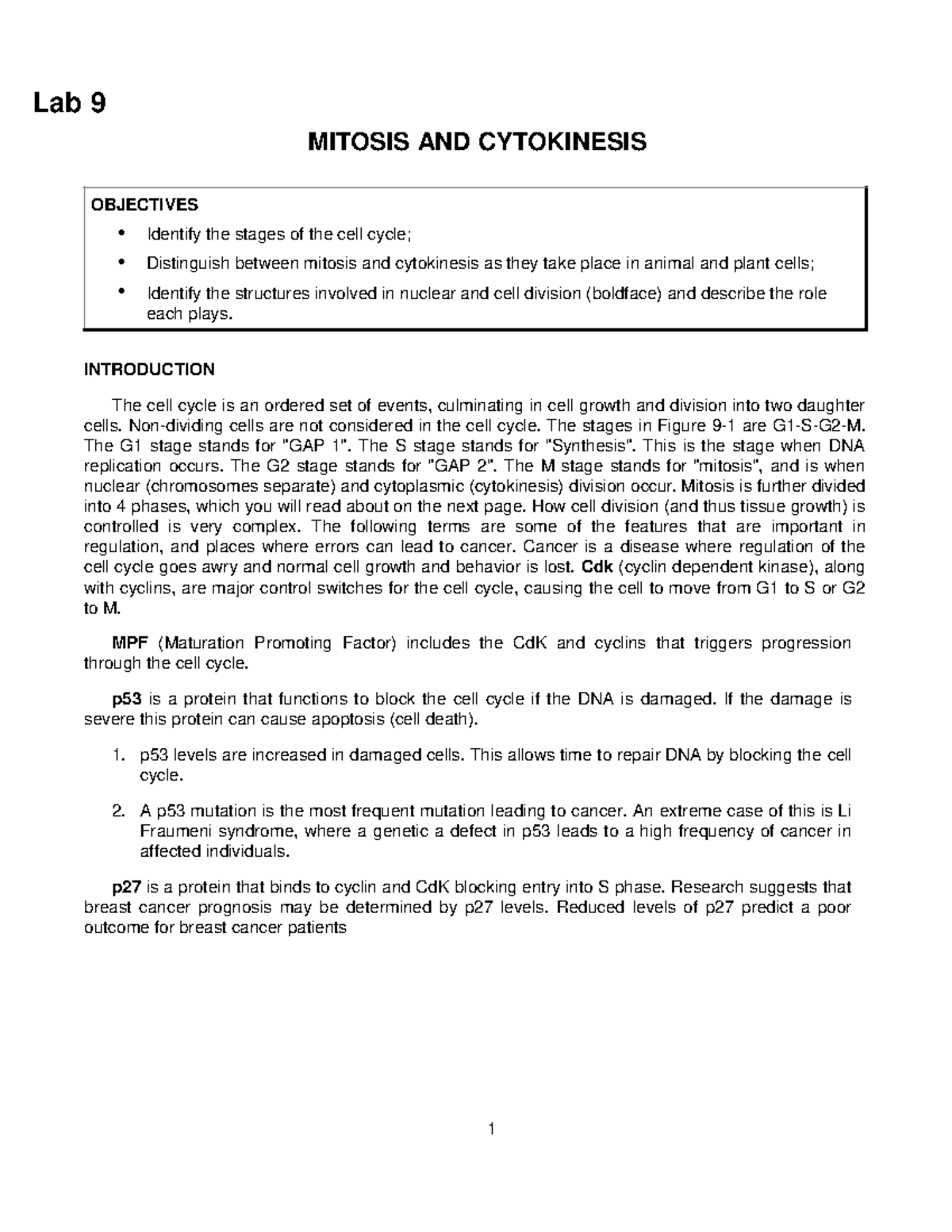 Lab 9 Mitosis - Lab print - Lab 9 MITOSIS AND CYTOKINESIS INTRODUCTION ...