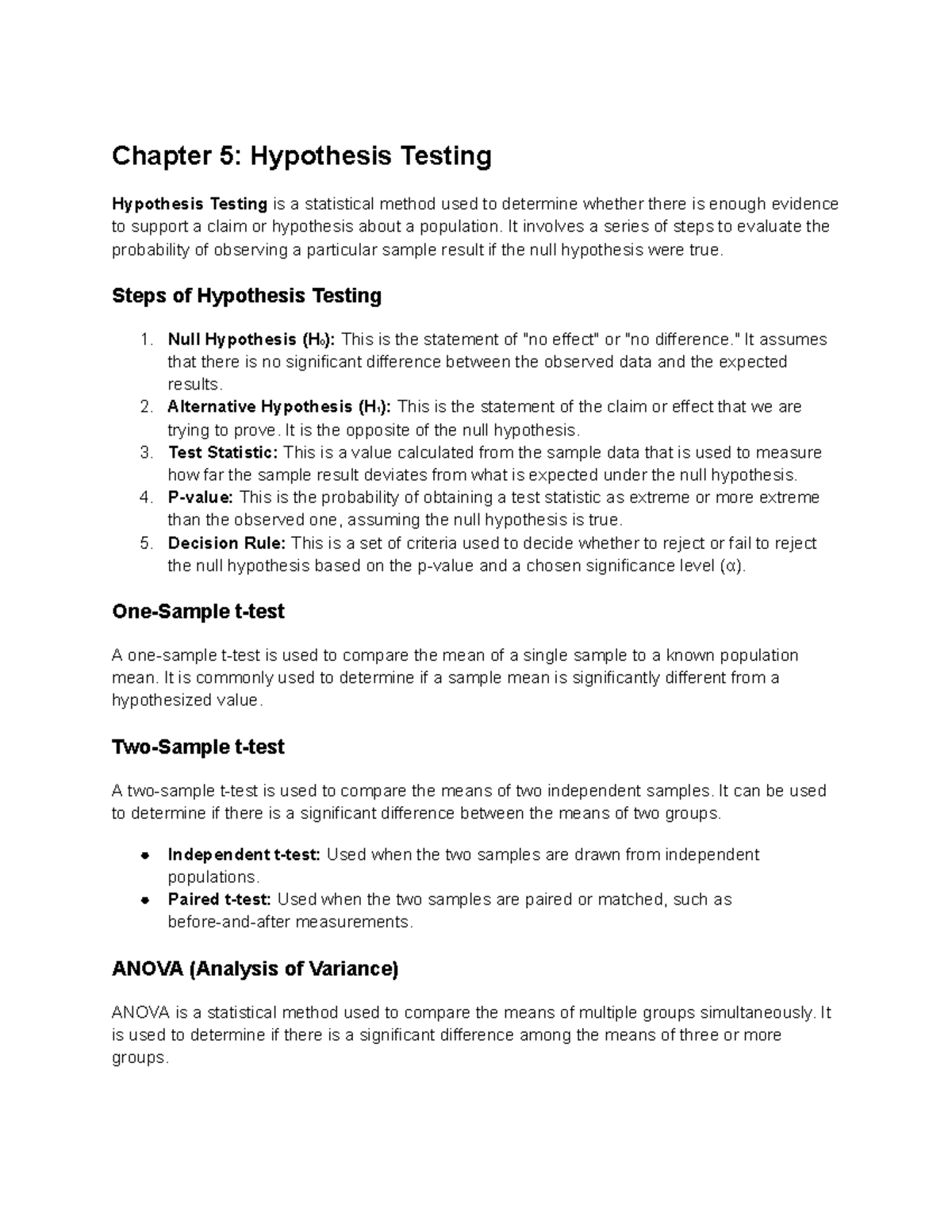 Chapter 5 Hypothesis Testing - Chapter 5: Hypothesis Testing Hypothesis ...