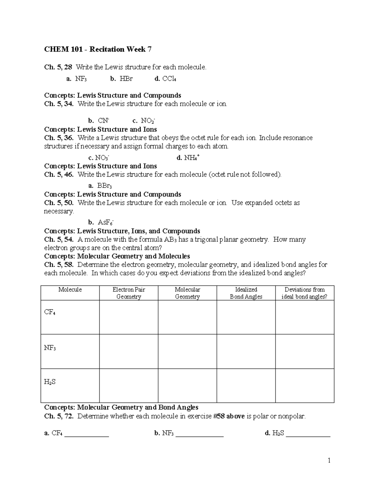 CHEM 101 Recitation Week 7 - CHEM 101 - Recitation Week 7 Ch. 5, 28 ...