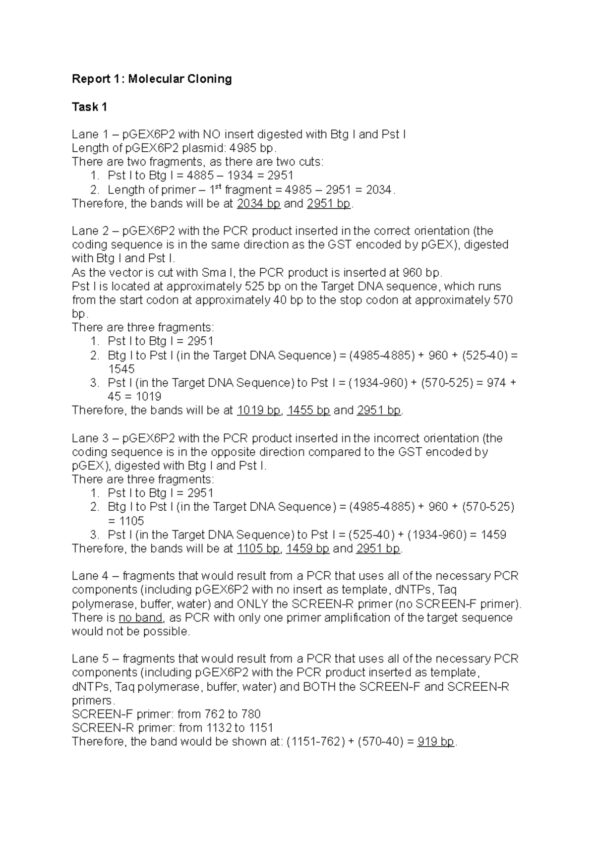 Report 1 - Molecular Cloning - Report 1: Molecular Cloning Task 1 Lane ...