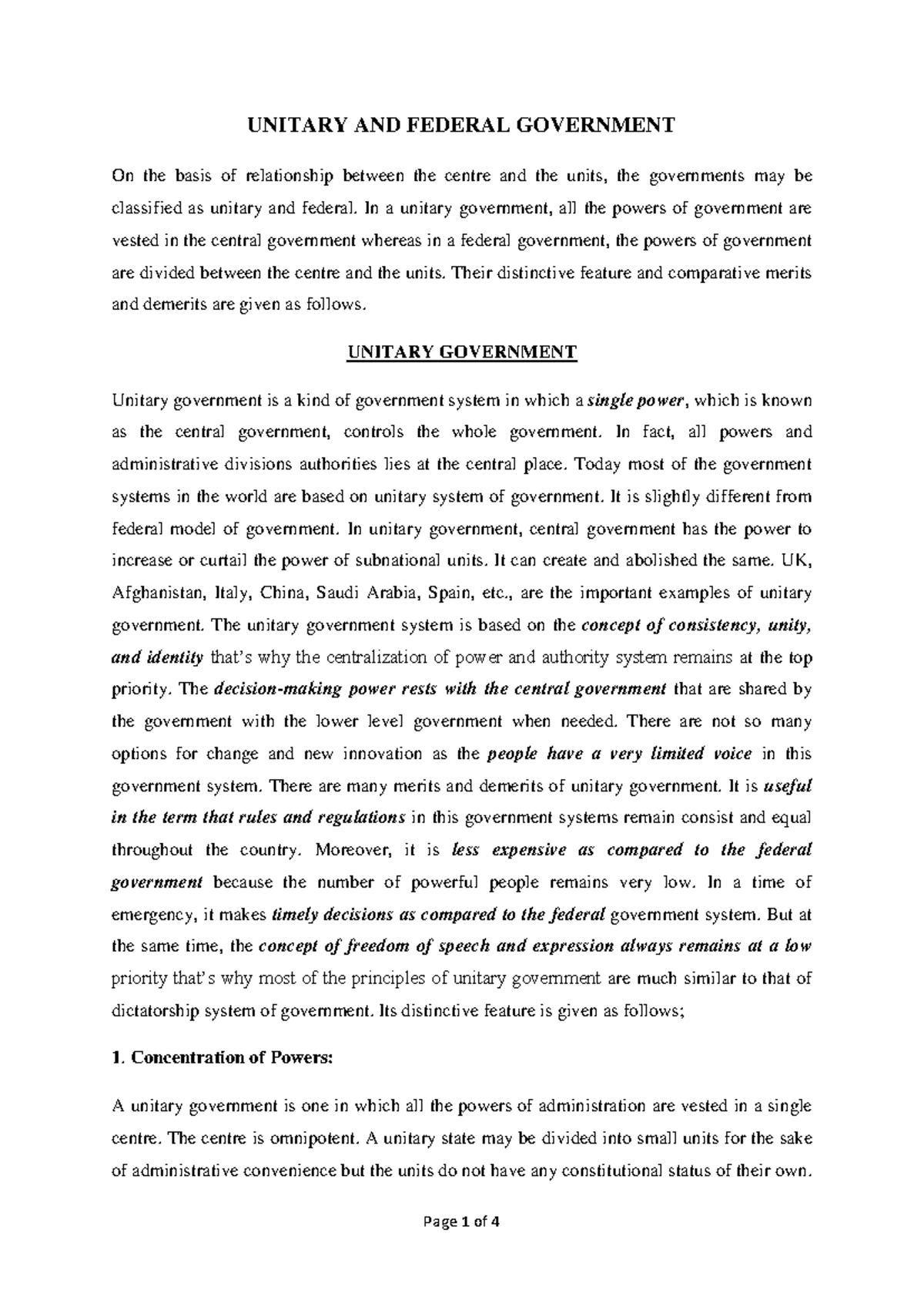 Unitary & Federal govt - UNITARY AND FEDERAL GOVERNMENT On the basis of ...