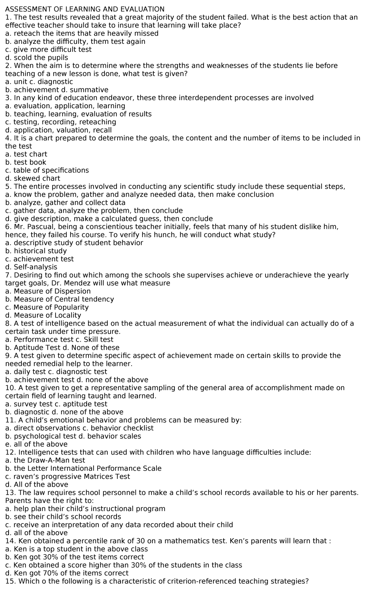 Worksheet-final-exam - ASSESSMENT OF LEARNING AND EVALUATION The test ...