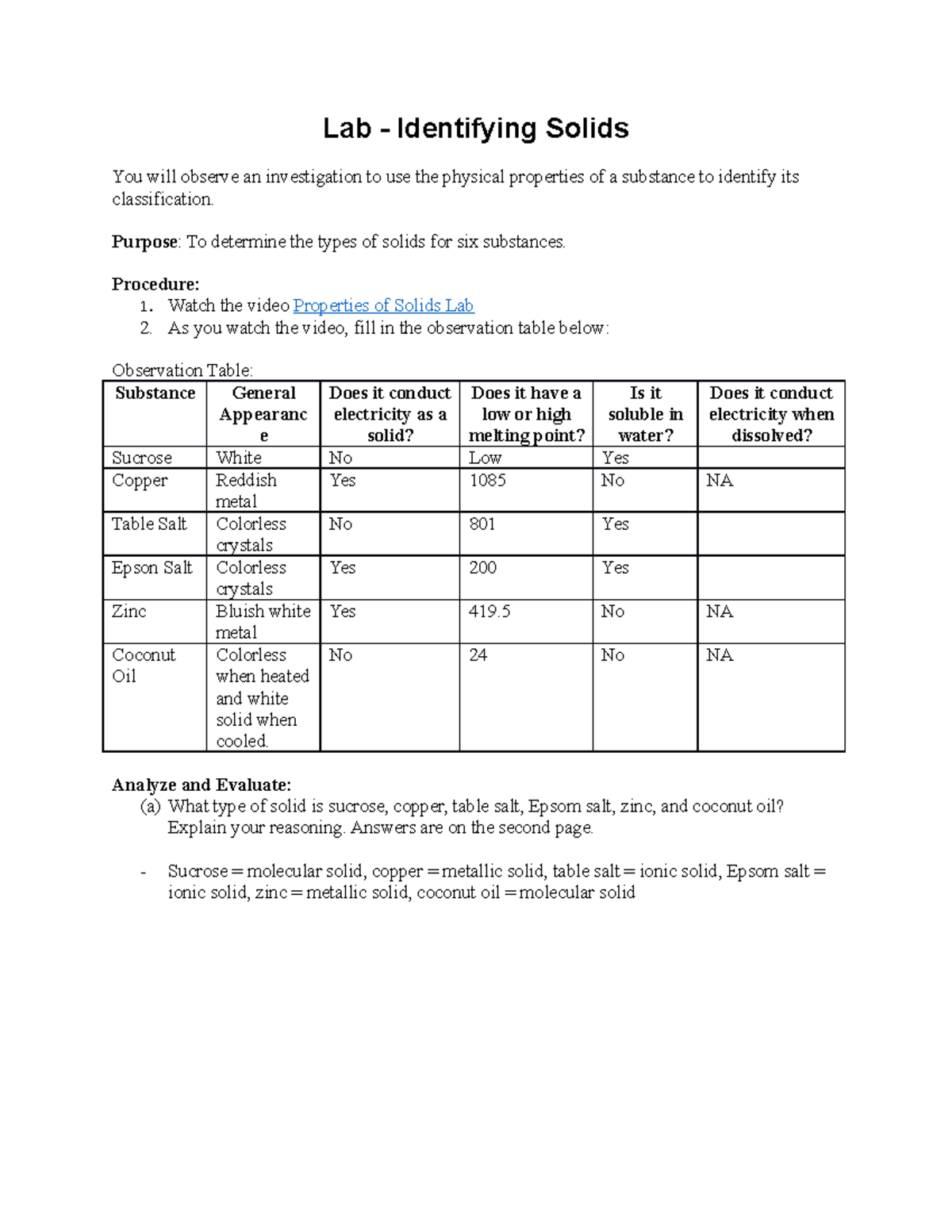 Lab - Identifying Solids-1 - Lab - Identifying Solids You will observe ...
