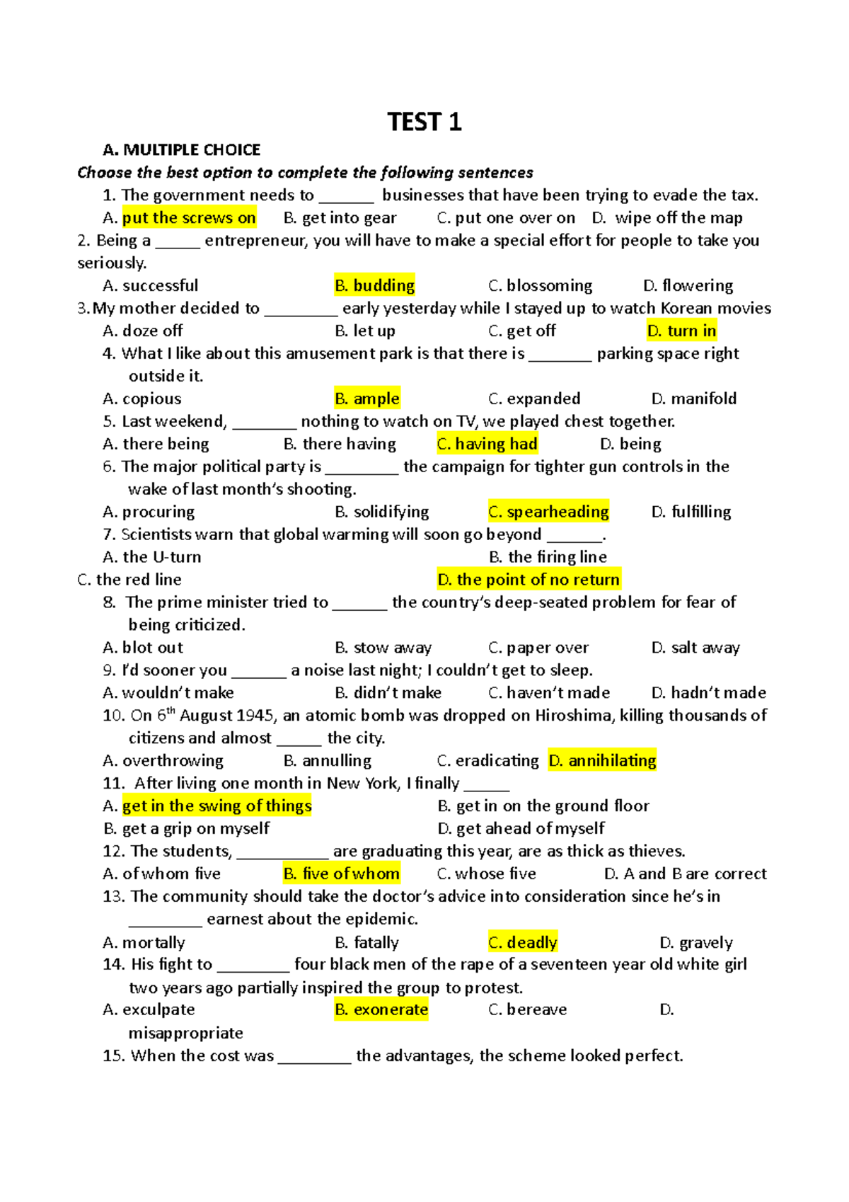 TEST-1 - thì là zậy đó làm gì làm là sao là sao là sao - TEST 1 A ...