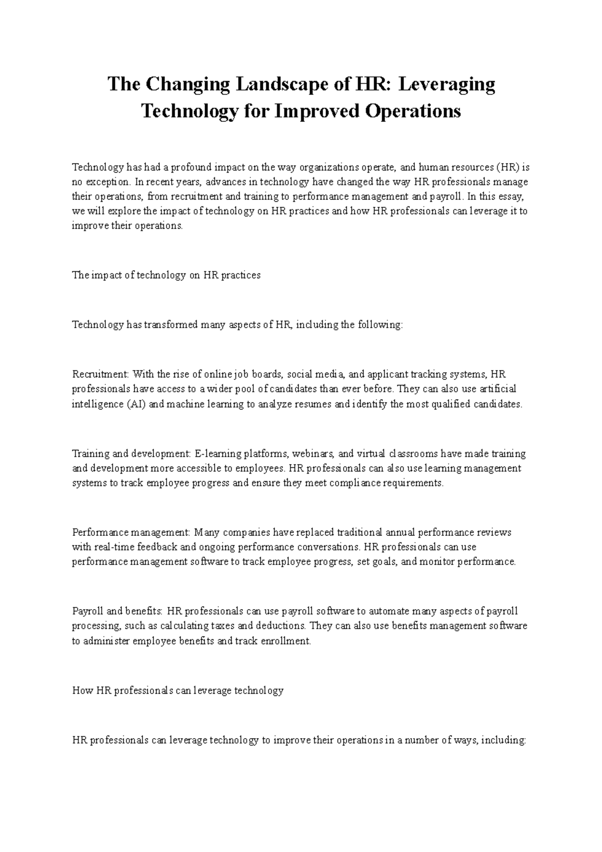 The Changing Landscape of HR - In recent years, advances in technology ...