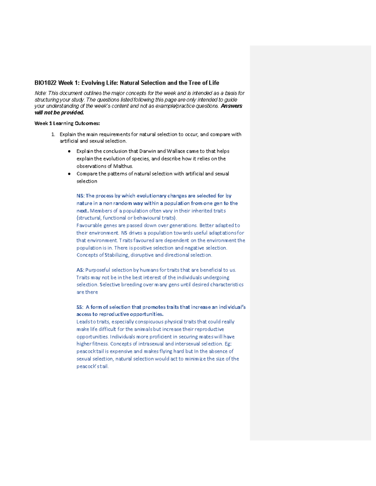 Bio1011 study guide - BIO1022 Week 1: Evolving Life: Natural Selection ...