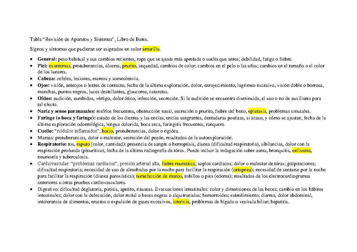 Signos y síntomas elección - Tabla “Revisión de Aparatos y Sistemas ...