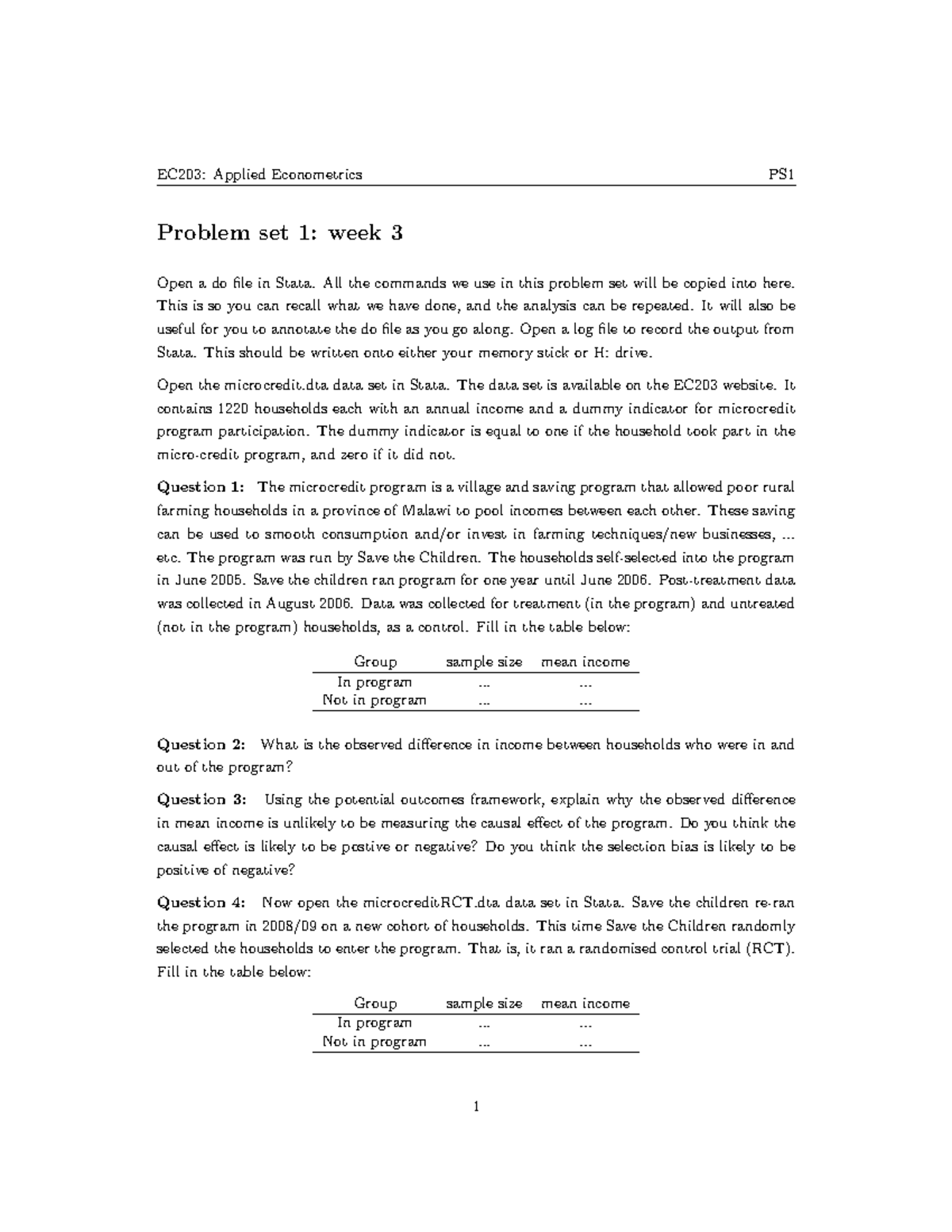 Problem set 1 - ps1 econometrics thomas martin solutions - EC203: Applied Econometrics PS ...