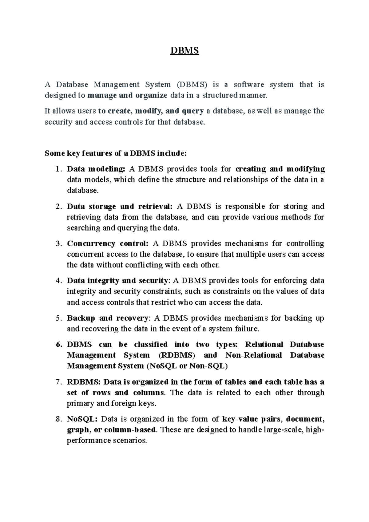 DBMS 1st lecture - wefw - DBMS A Database Management System (DBMS) is a software system that is ...