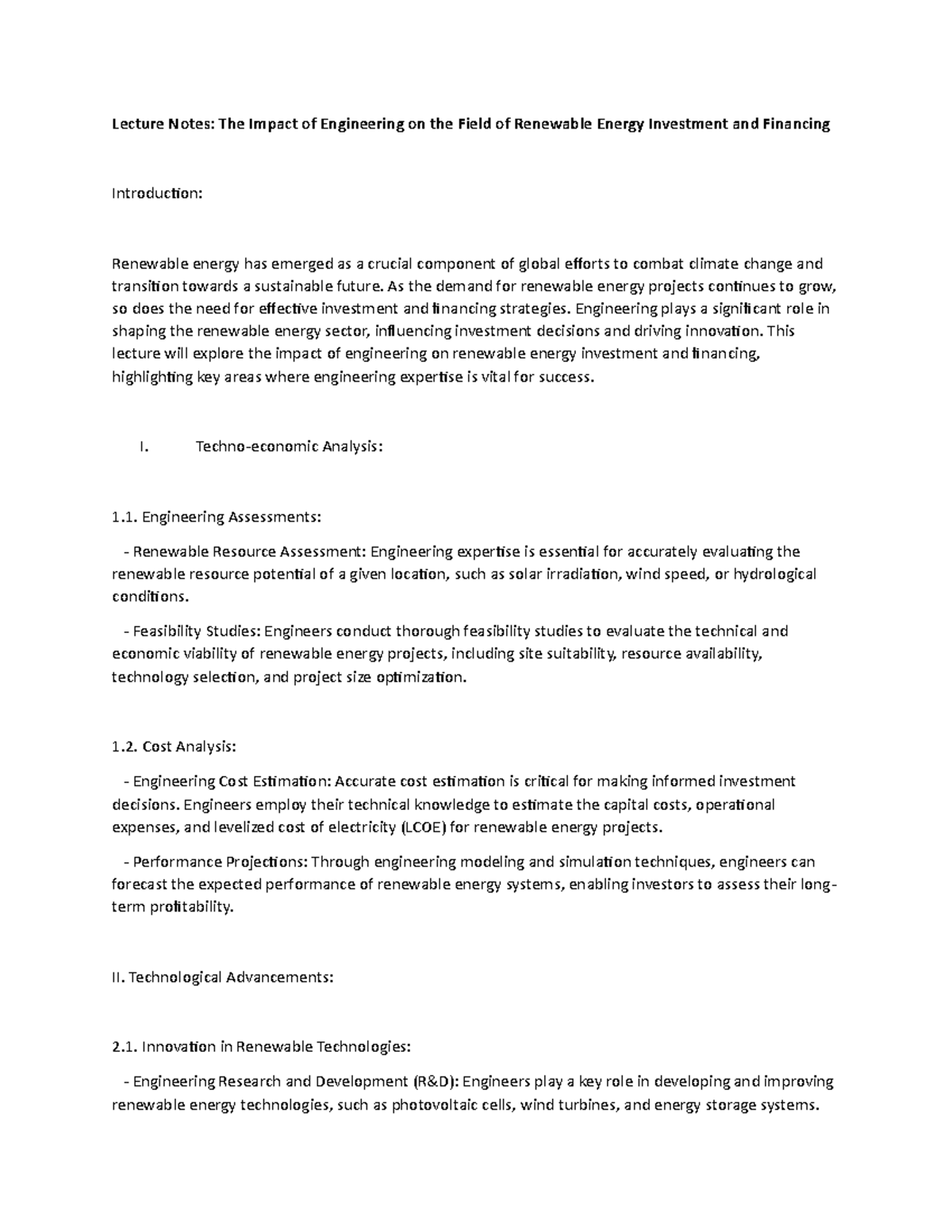 Lecture Notes: The Impact of Engineering on the Field of Renewable ...
