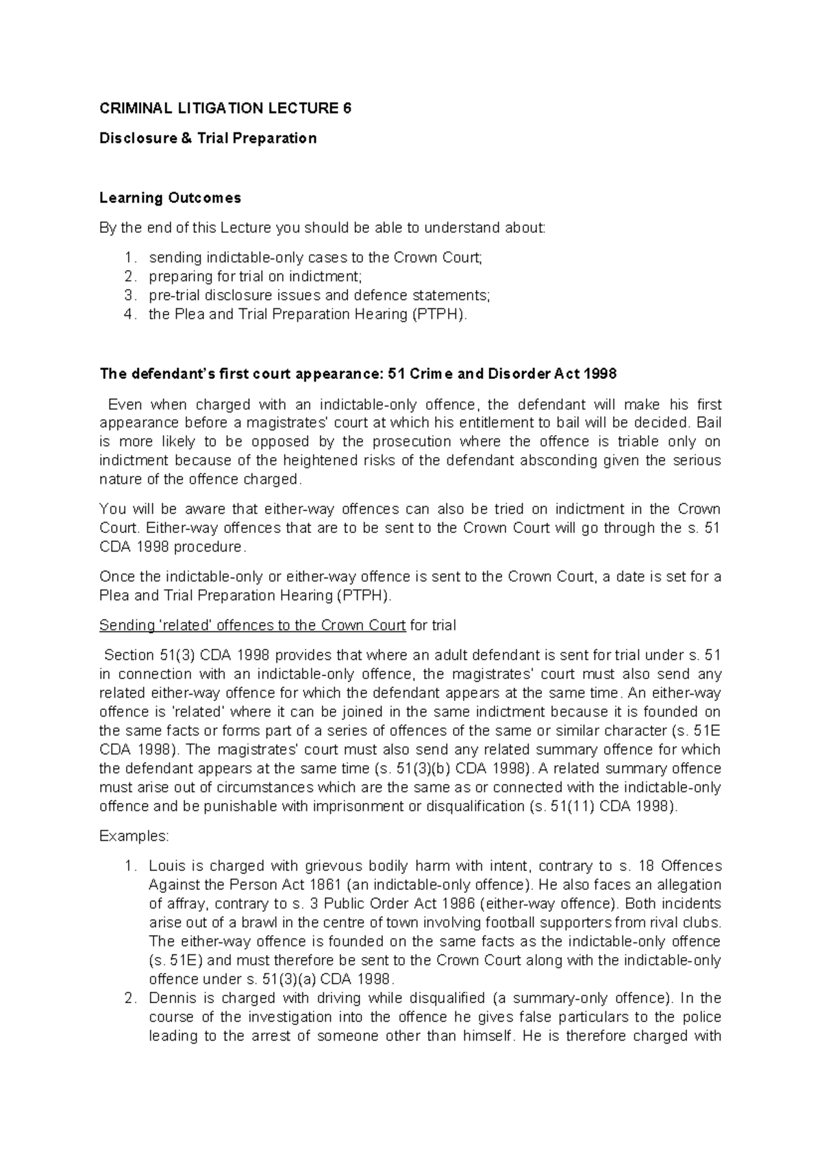 Criminal Litigation Lecture 6 Notes Criminal Litigation Lecture 6