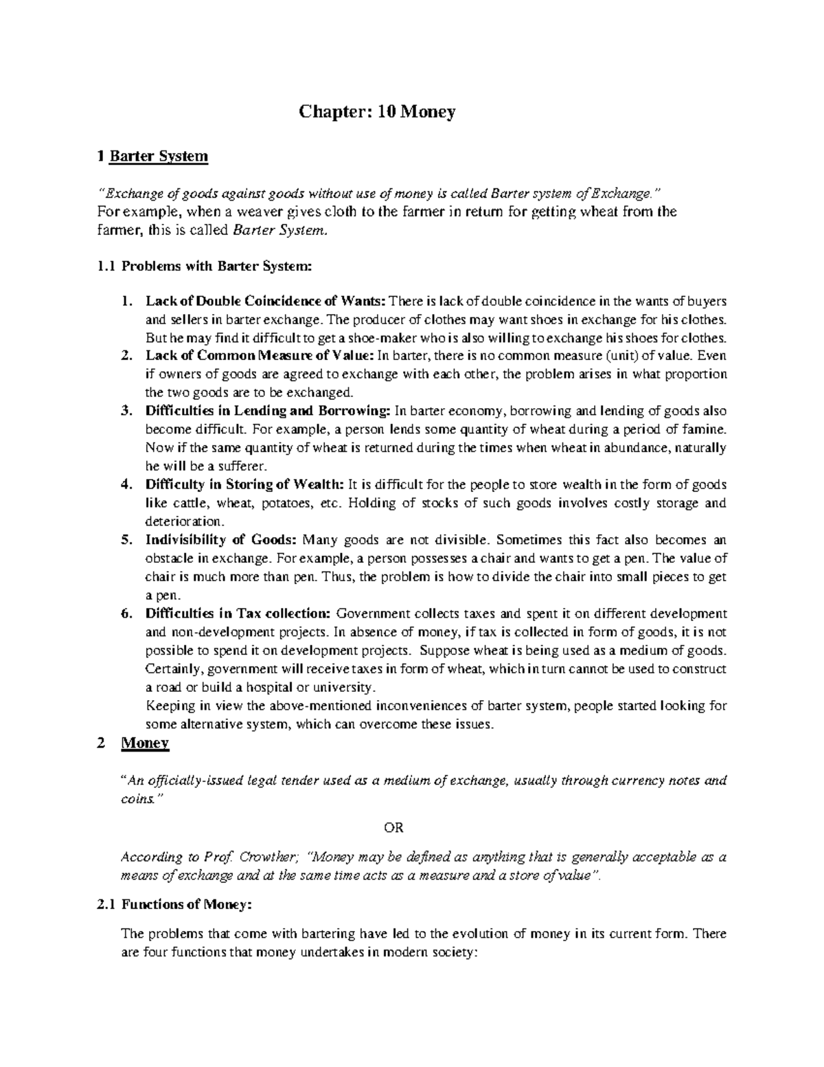 PRC-Ch 10 Economics - notes - Chapter: 10 Money 1 Barter System ...