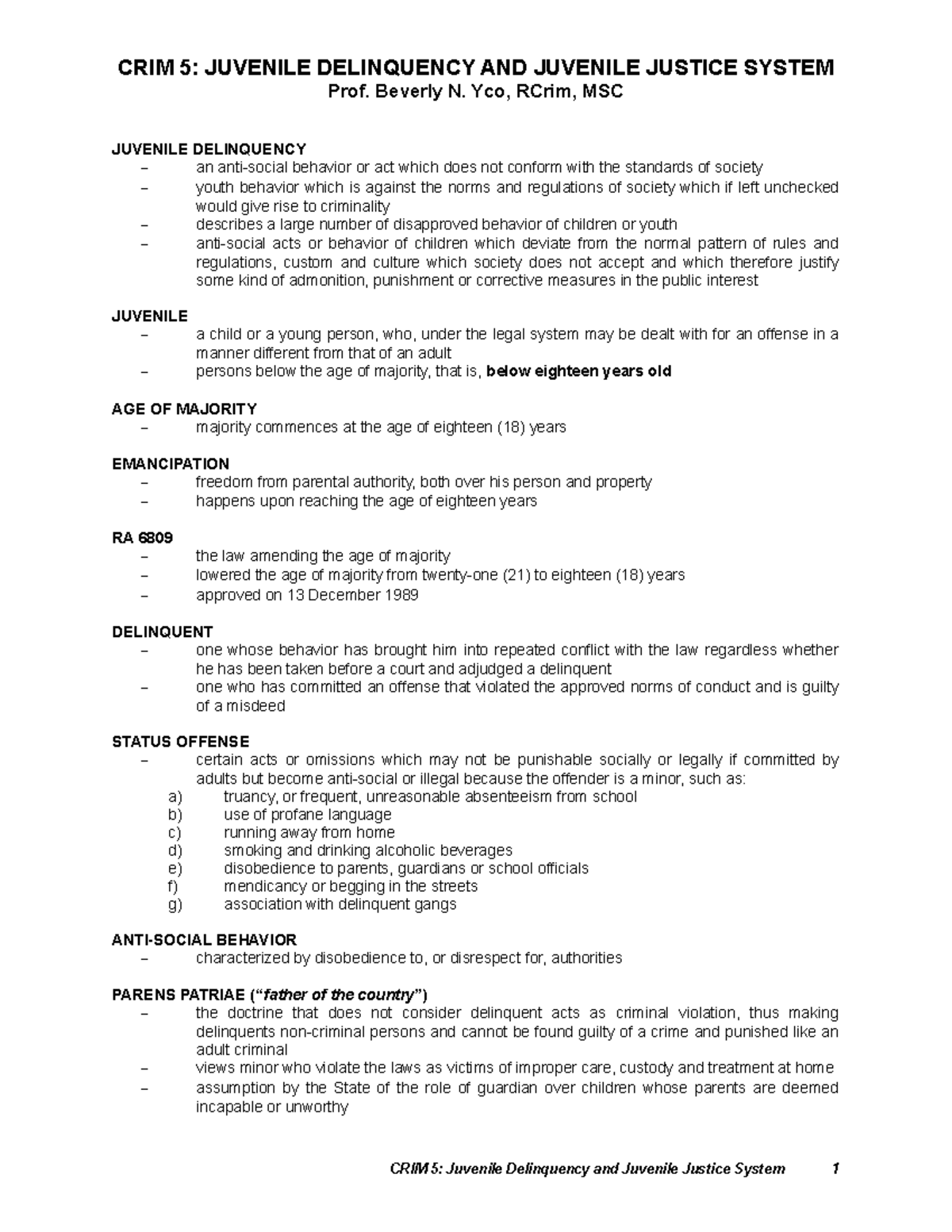 Notes ON CRIM 5 - Hehe - Prof. Beverly N. Yco, RCrim, MSC JUVENILE ...