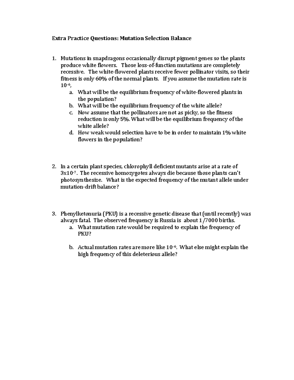 Mutuation Selection Exam 2 BCOR102 - **Extra Practice Questions ...