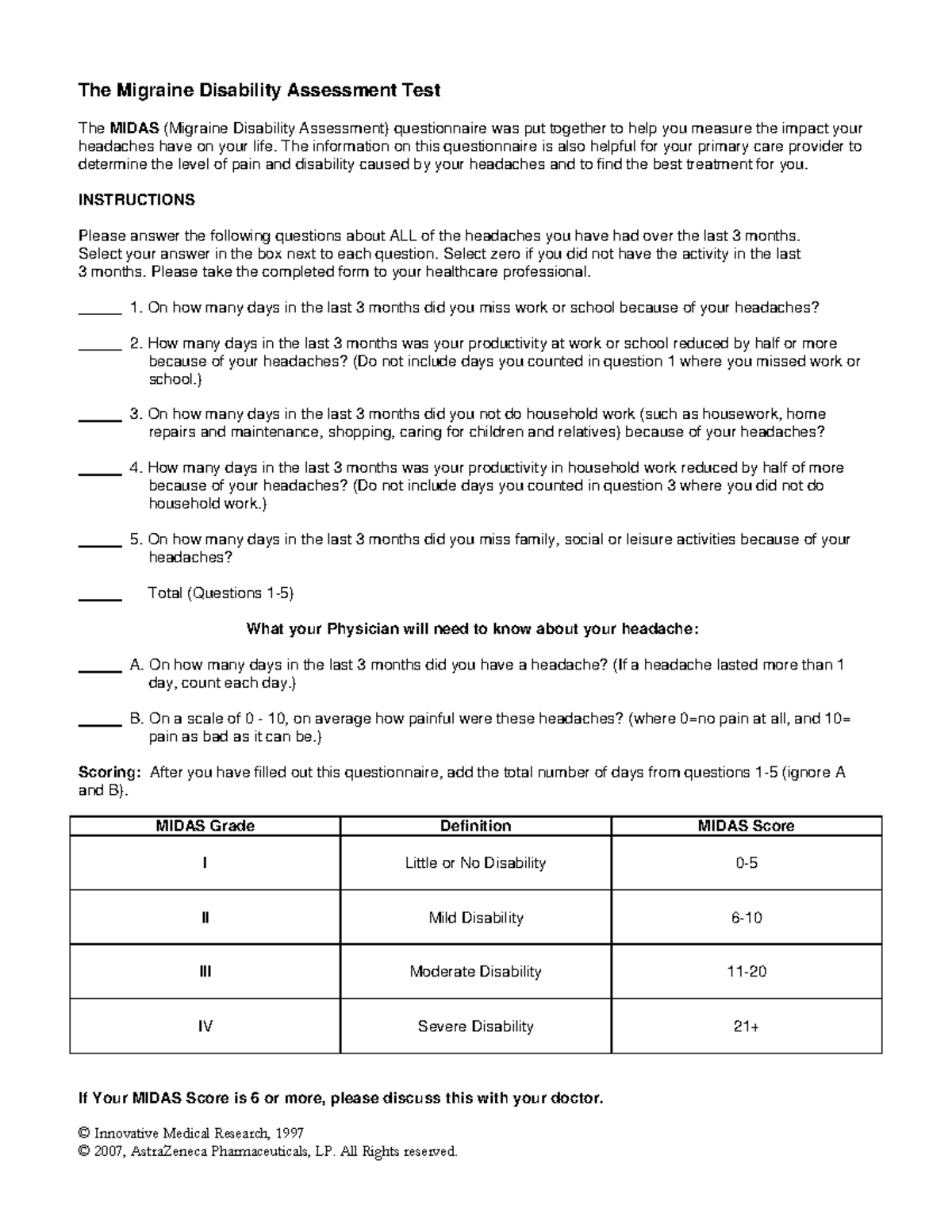 Midas - Depression scale - The Migraine Disability Assessment Test The ...