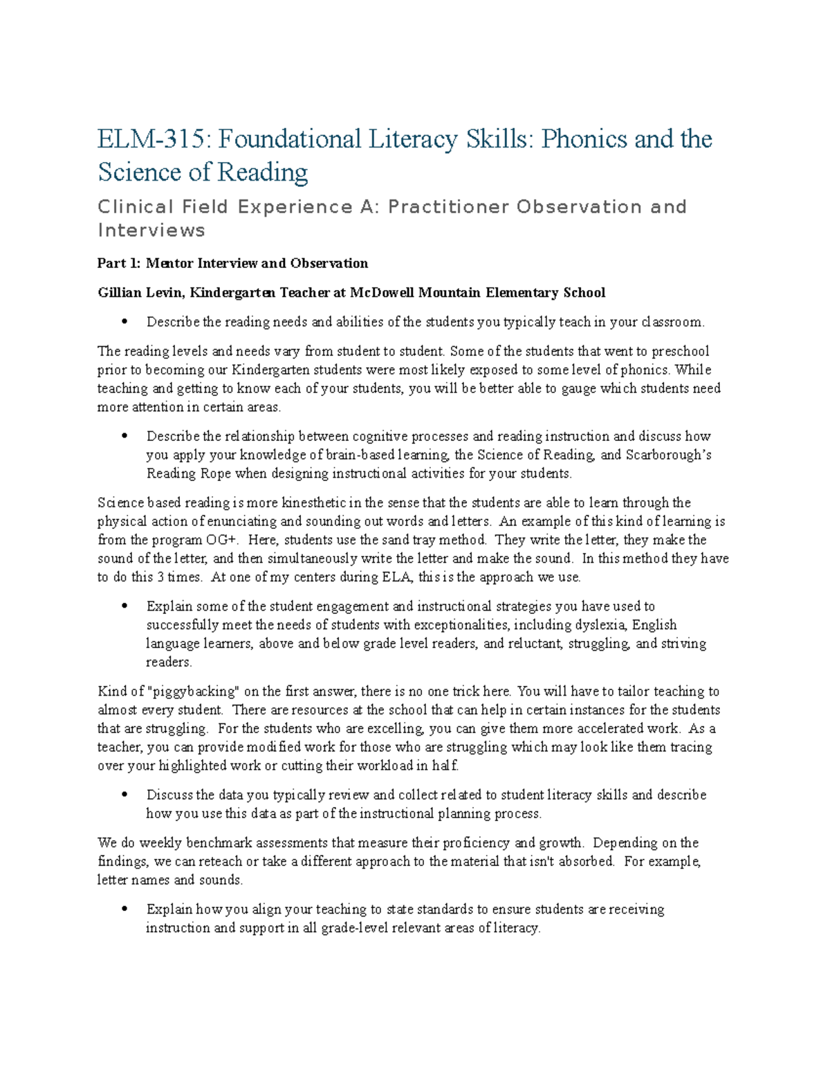 Elm315 clinical A - ELM-315: Foundational Literacy Skills: Phonics and ...