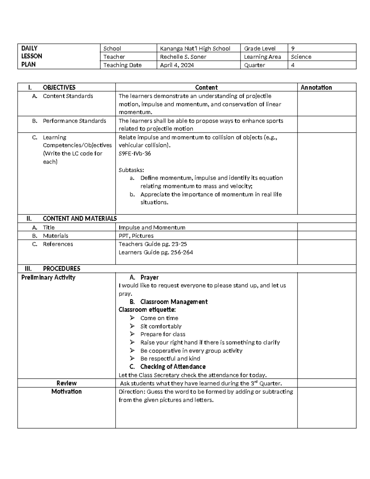 DLL_9_PHYSICSSSS - DAILY LESSON PLAN School Kananga Nat’l High School ...