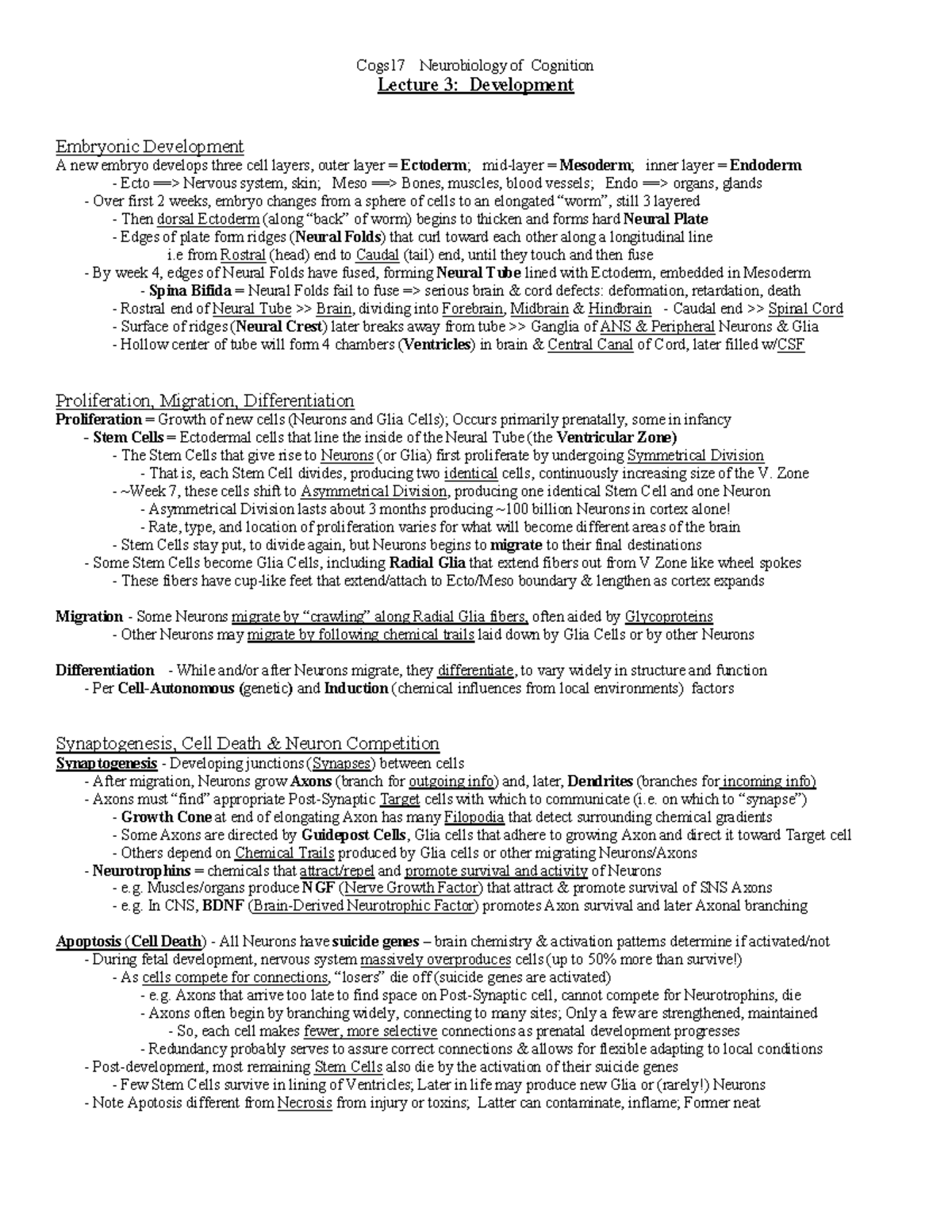 17Lec3Devel Notes - Cogs 17 Neurobiology of Cognition Lecture 3 ...