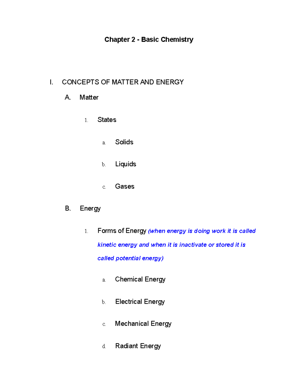 ch 2 lec 1 bio 109 - Chapter 2 - Basic Chemistry I. CONCEPTS OF MATTER ...