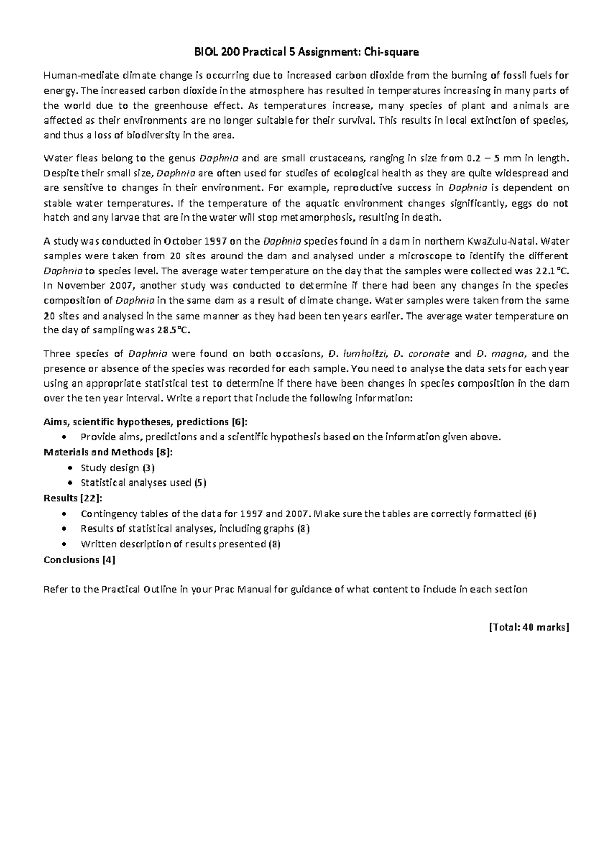 BIOL 200 Practical 5 Assignment (Daphnia Climate Change) - BIOL 200 Practical 5 Assignment ...