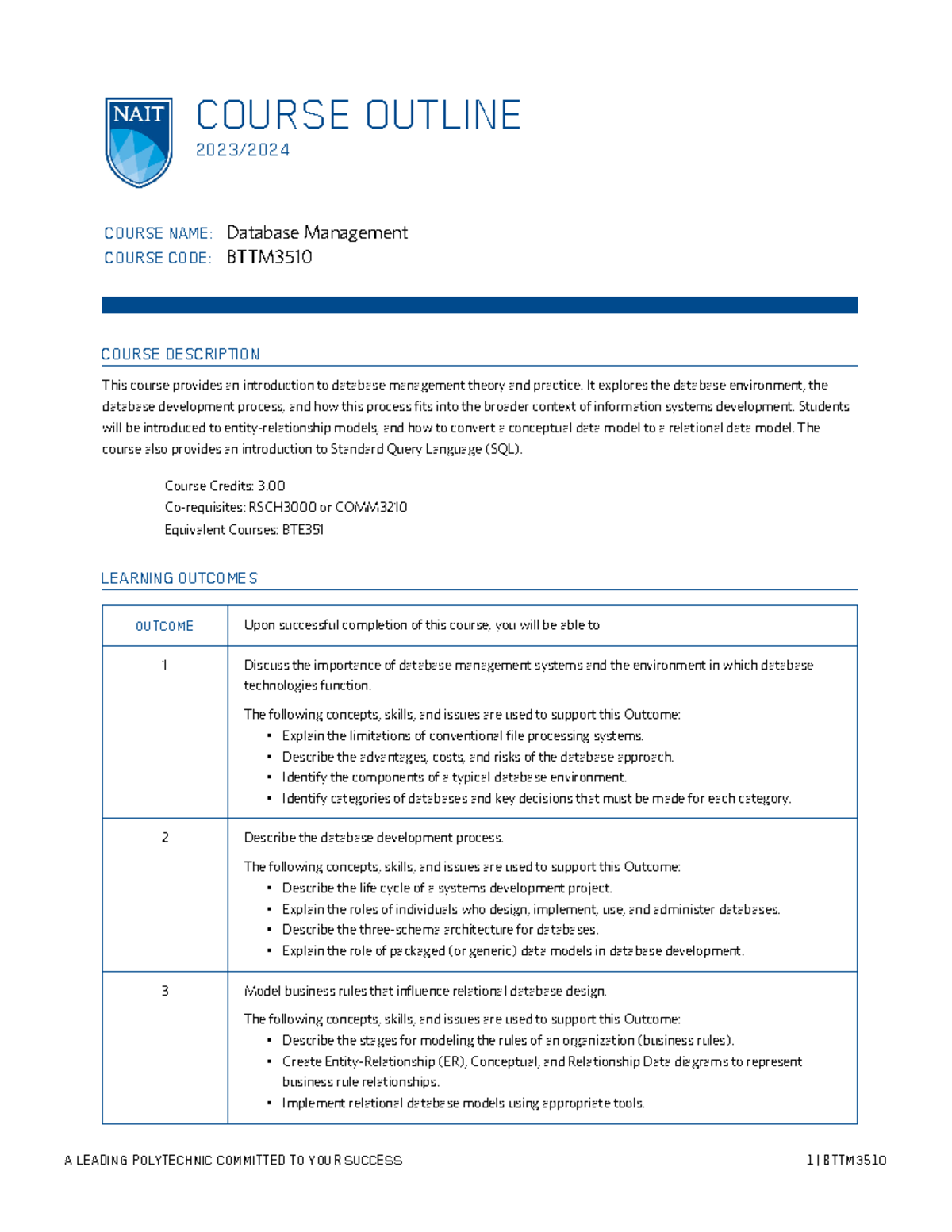 Course Outline BTTM3510 - 2023e - COURSE OUTLINE 2023/ COURSE NAME ...
