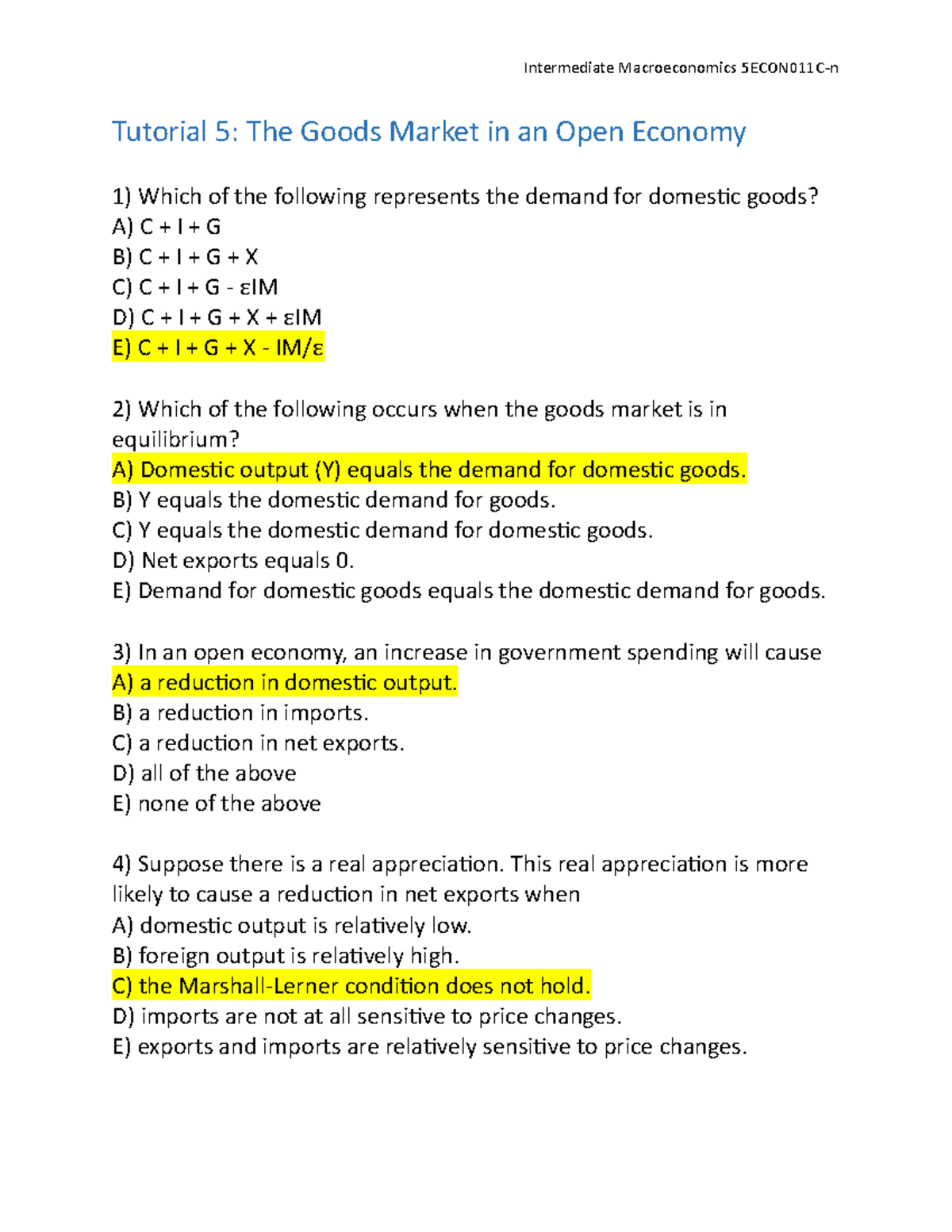 Tutorial 5 - The Goods Market in an Open Economys - Intermediate ...