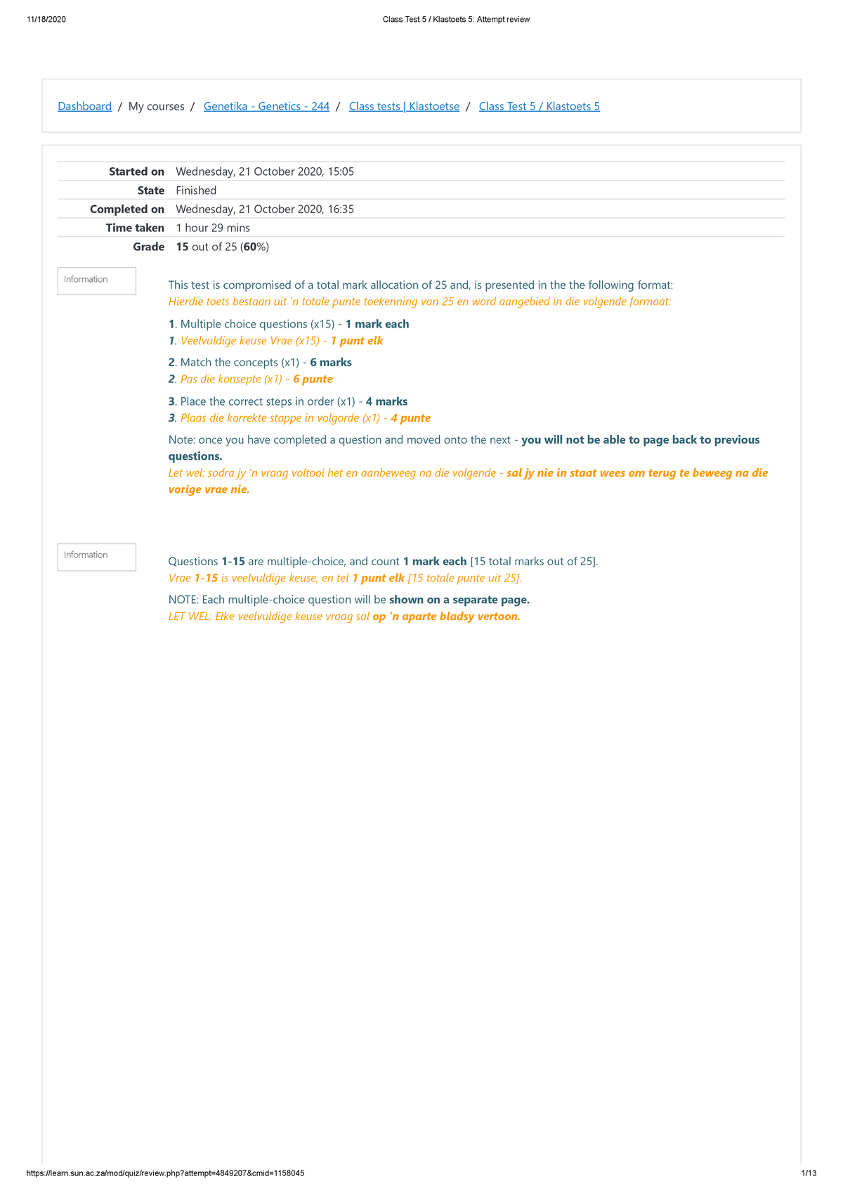 Class Test 5 Genetics - TEST EXAMPLES - Dashboard / My courses ...