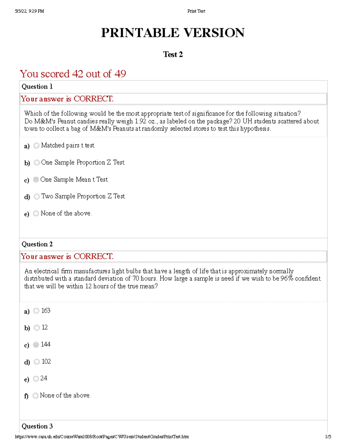 Statistics for Sciences Test 2 - PRINTABLE VERSION Test 2 You scored 42 ...