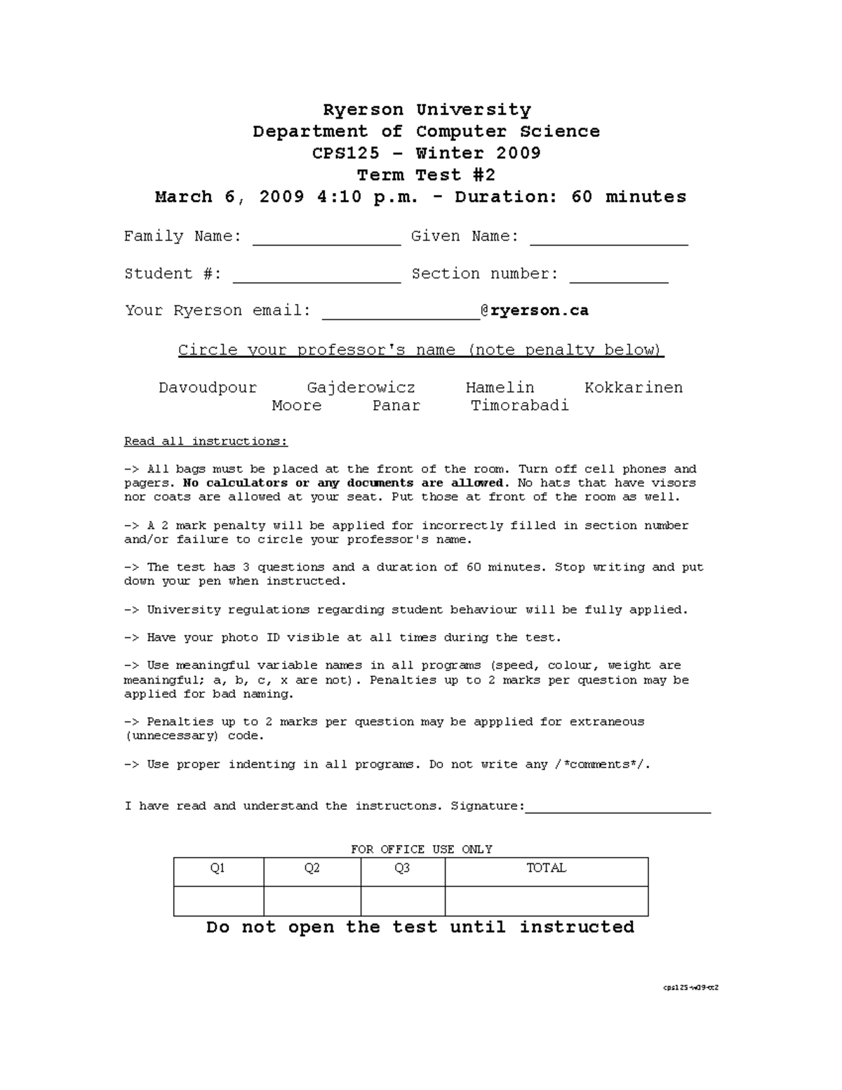 Exam 6 March 2009, questions - Ryerson University Department of ...