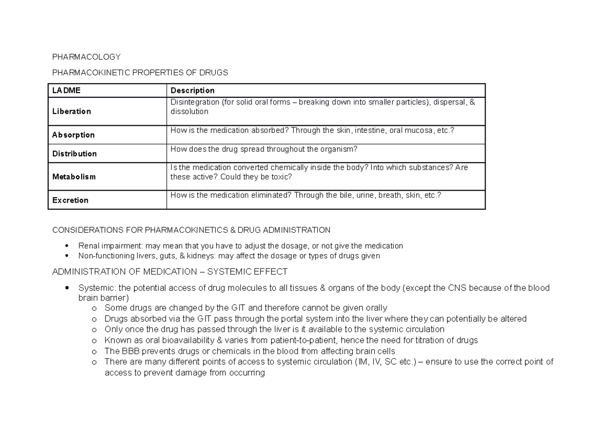 Pharmacologyrevision- Weeks 1-8 - PHARMACOLOGY PHARMACOKINETIC ...