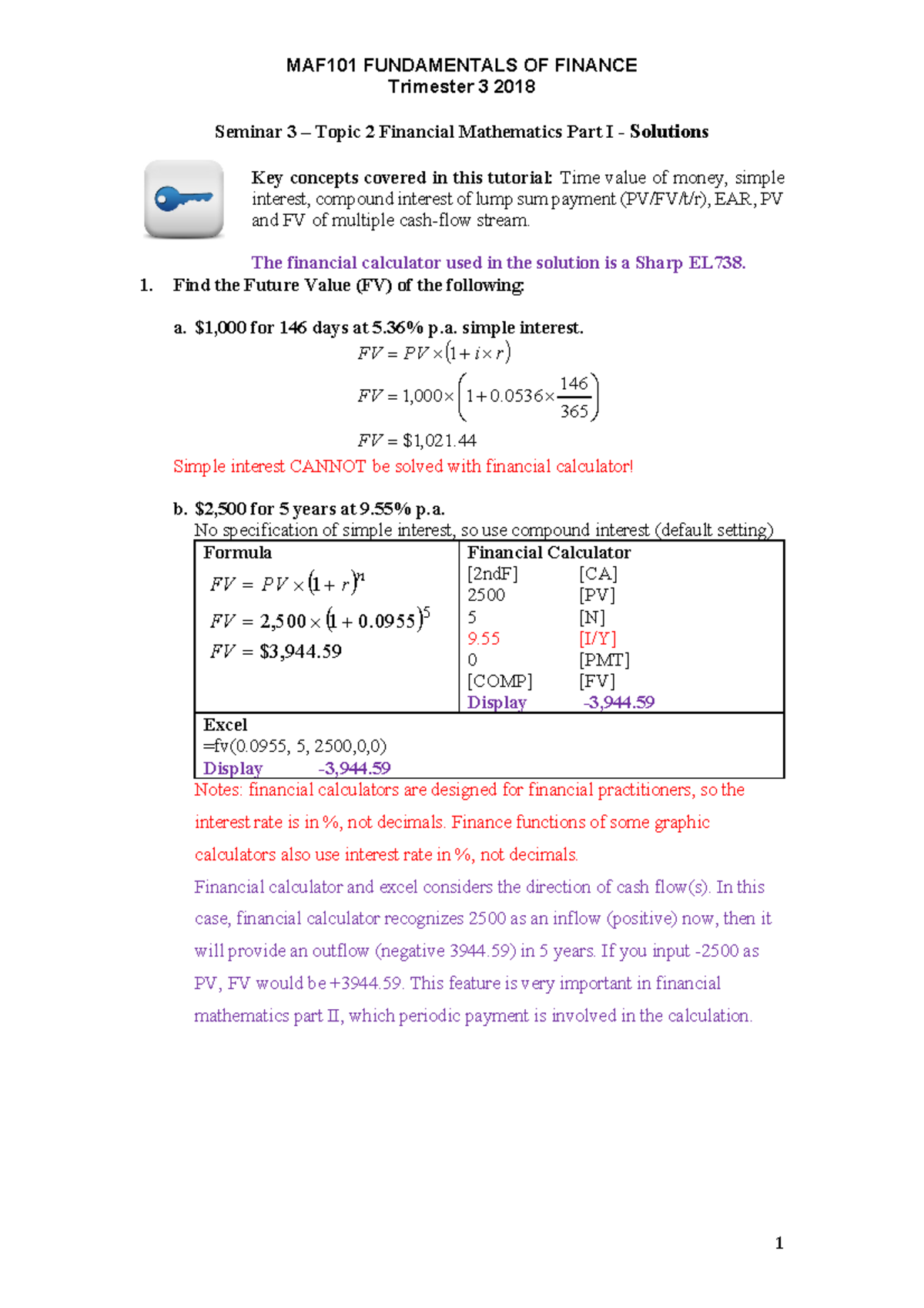 MAF101 Seminar 03 Solutions Financial Mathematics Part I - Trimester 3 ...