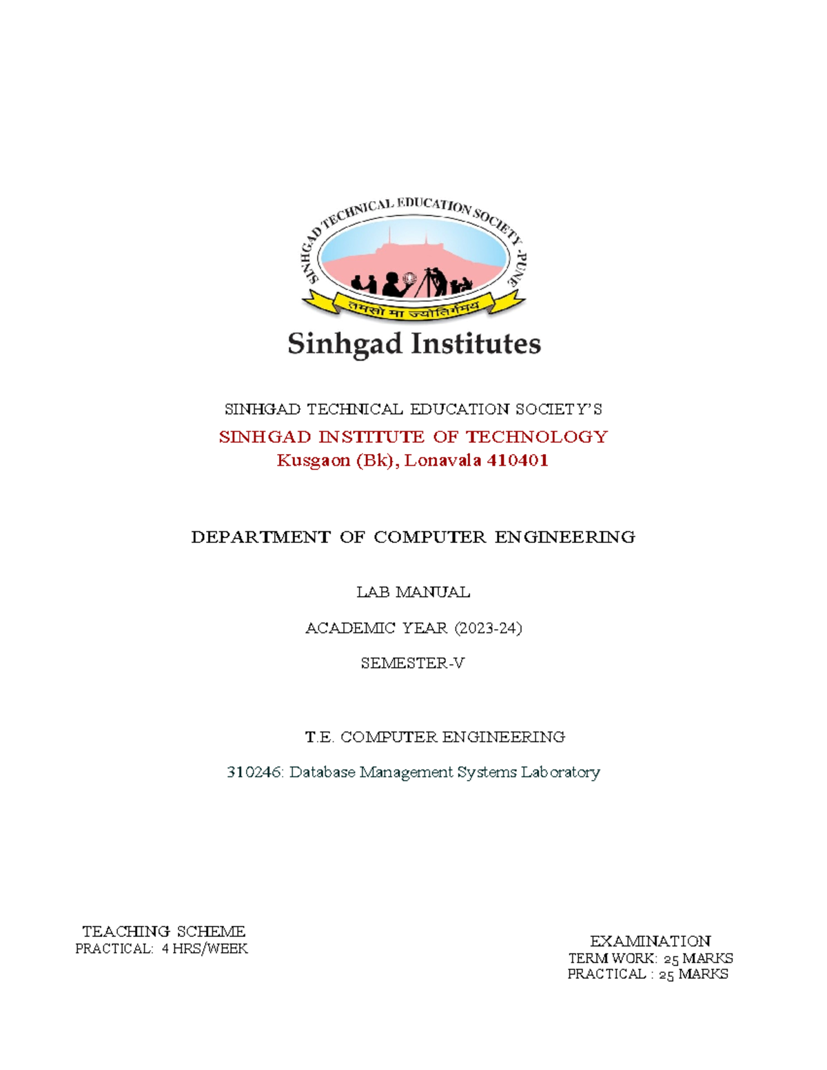 Front Matter DBMS - Read this - SINHGAD TECHNICAL EDUCATION SOCIETY’S SINHGAD INSTITUTE OF - Studocu