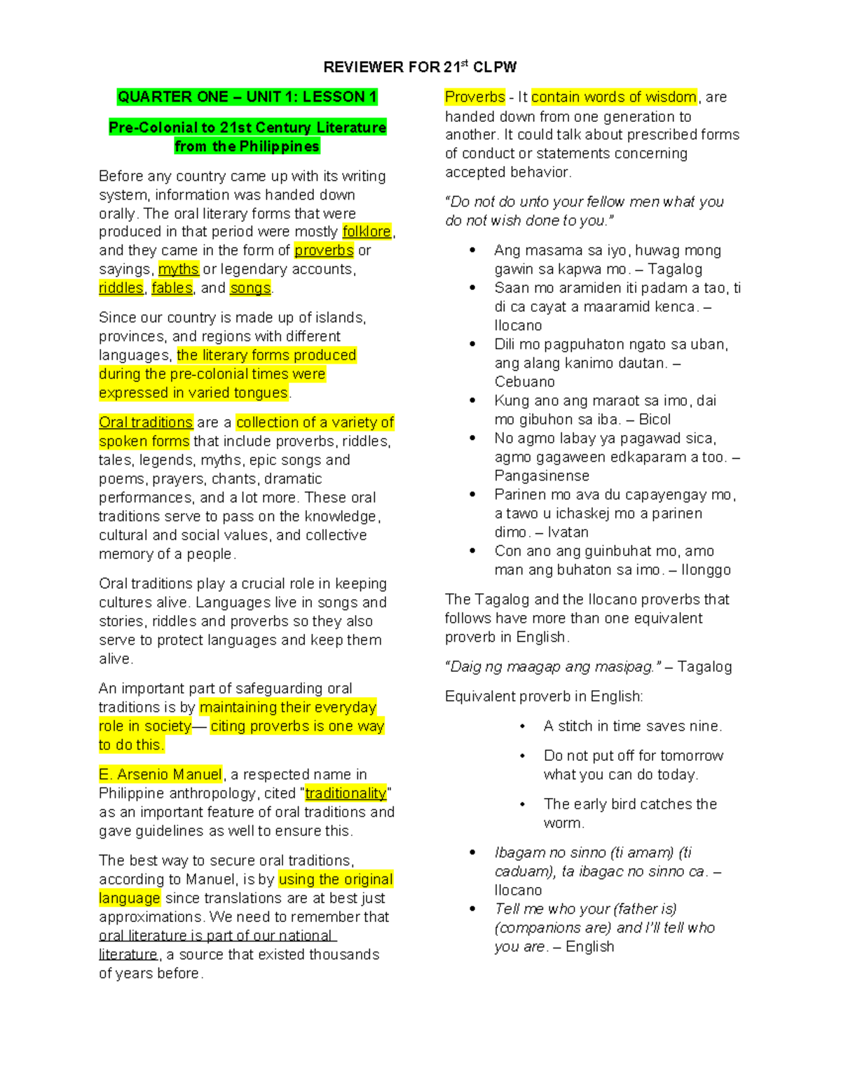 Reviewer for 21st CLPW 1st quarter - REVIEWER FOR 21st CLPW QUARTER ONE ...